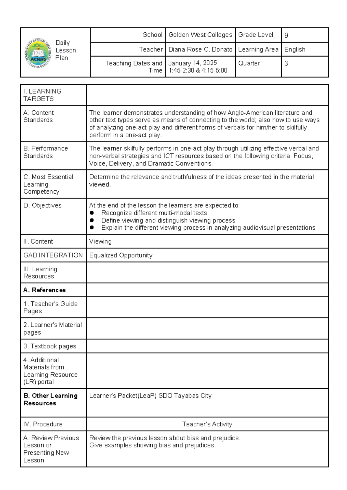DLP week 1 - lesson plan sample - Daily Lesson Plan School Golden West ...
