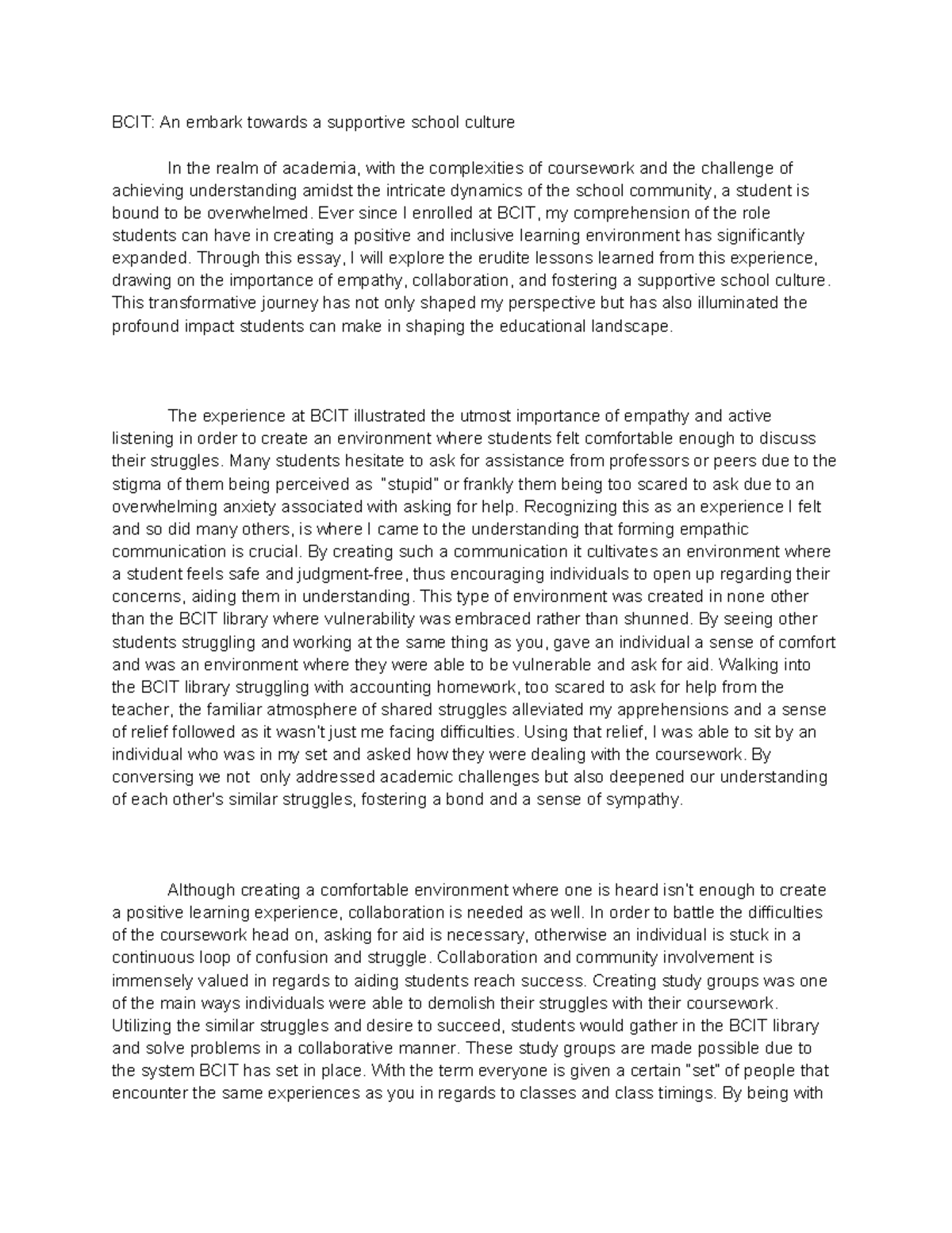 Expository Essay ENGL 1177 - BCIT: An embark towards a supportive ...