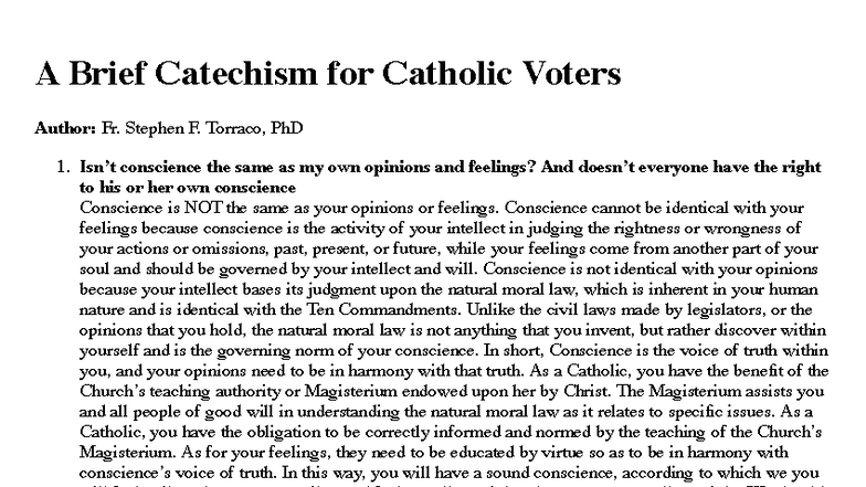 A Brief Catechism for Catholic Voters: Moral Choices in Elections - Studocu