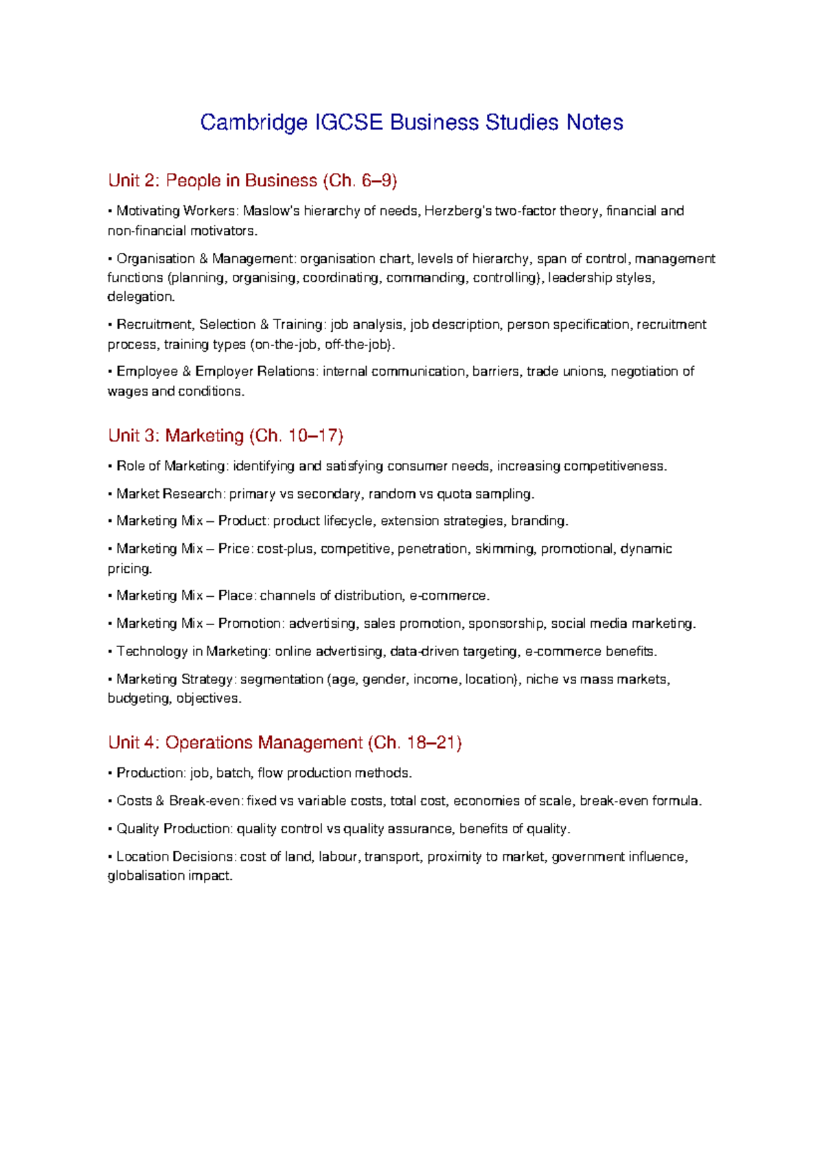 IGCSE Business Studies Notes: Units 2-4 Overview and Key Concepts - Studocu
