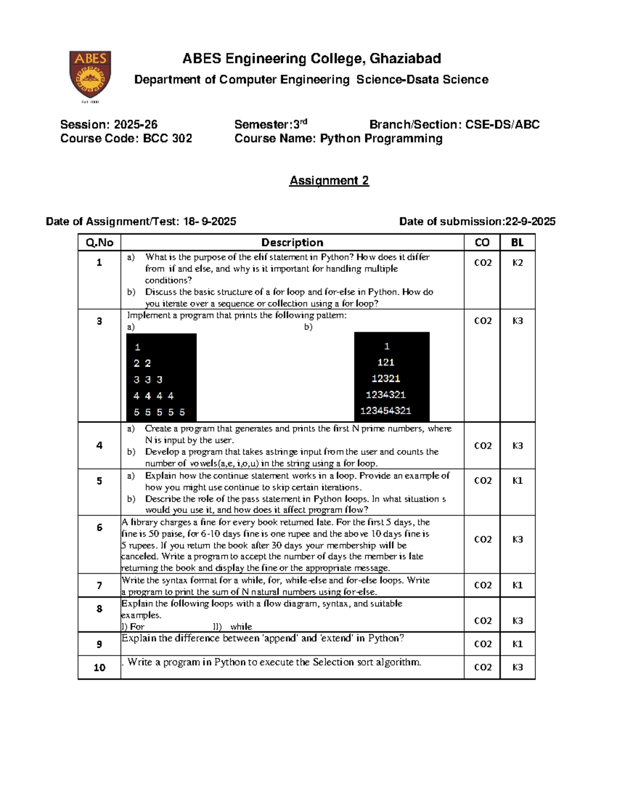 BCC 302 - Python Programming Assignment 2: Loops & Conditionals - Studocu