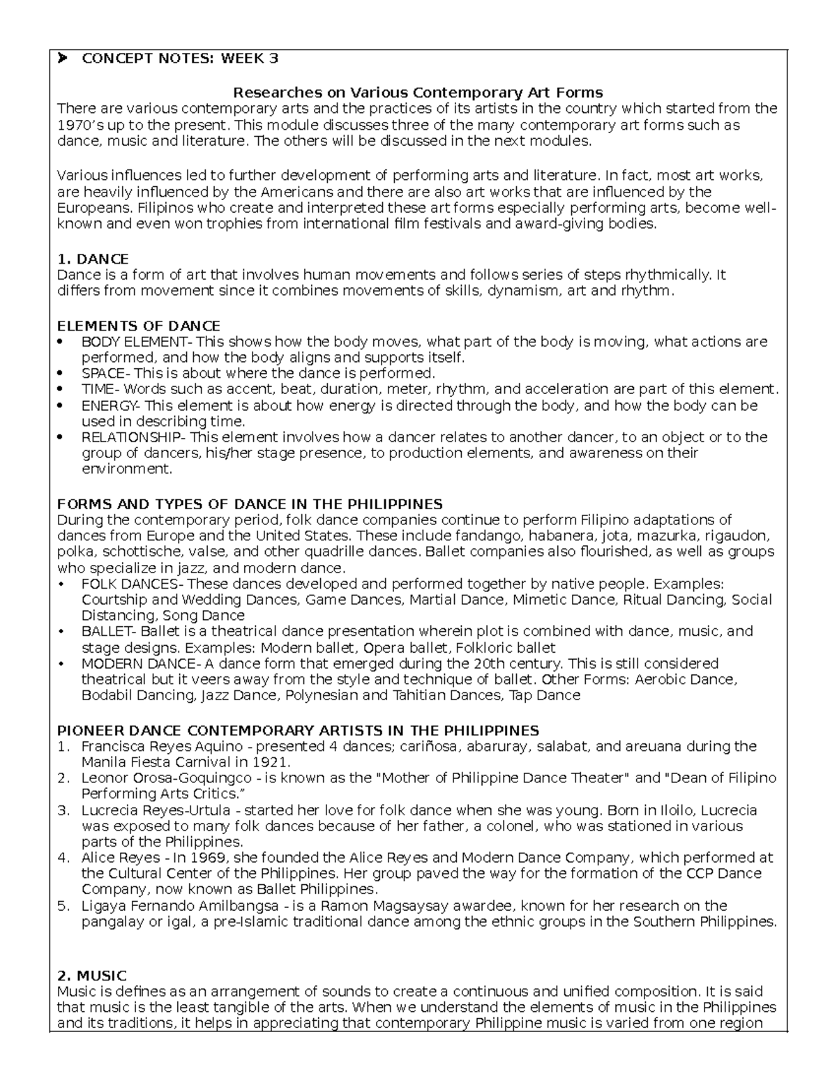 CPAR: Concept Notes on Contemporary Art Forms - Week 3 Overview - Studocu