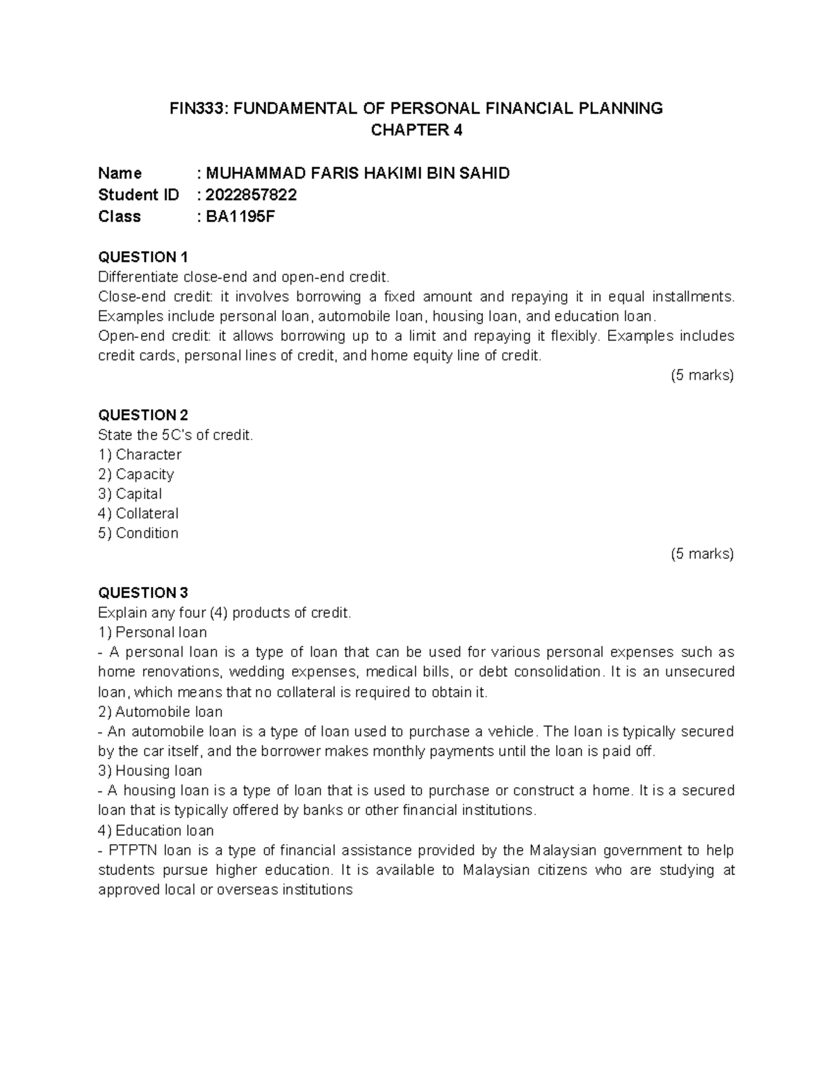Task Chapter 4 - exercise - FIN333: FUNDAMENTAL OF PERSONAL FINANCIAL ...