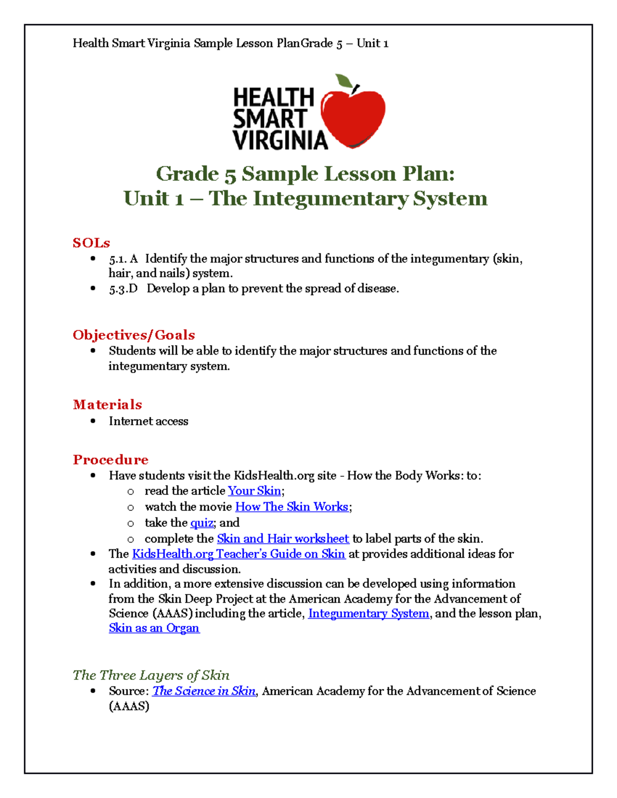 Gr5 bod 1 integumentary system Grade 6 Daily lesson log - Health Smart ...