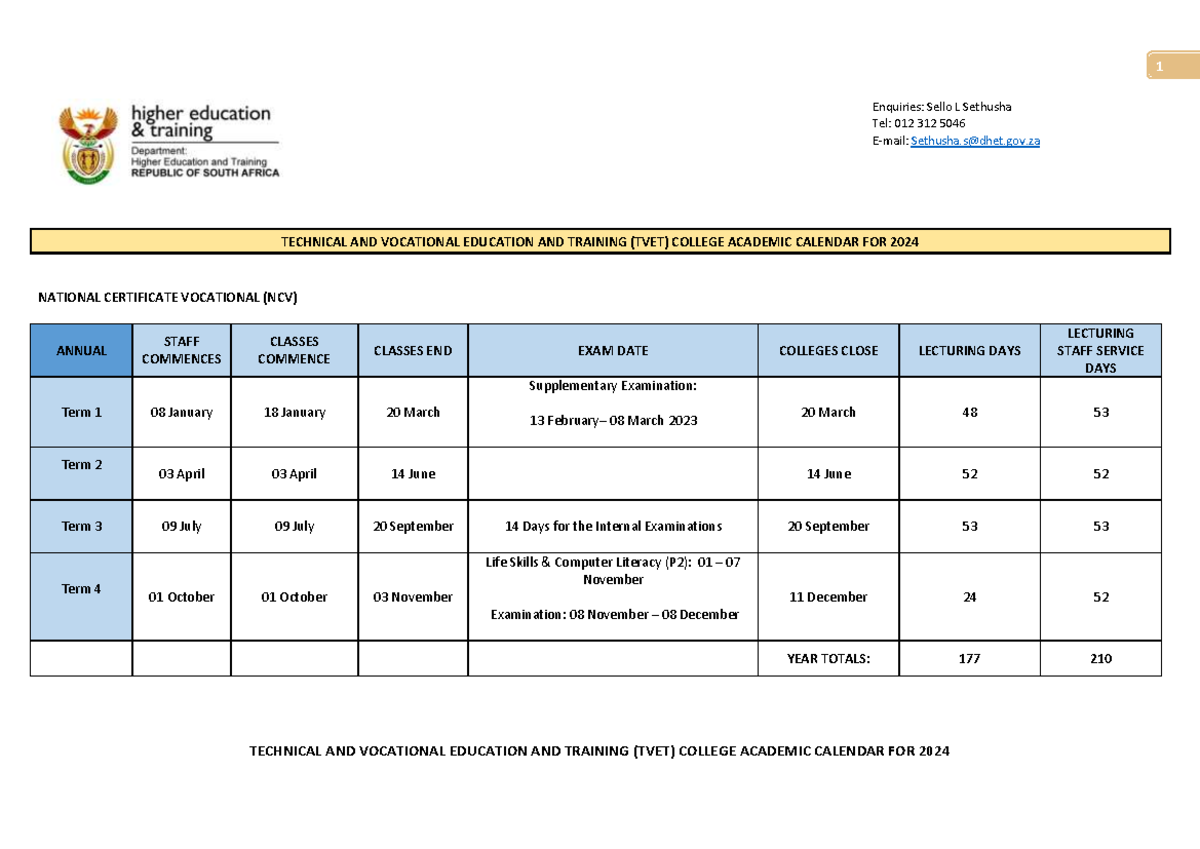 TVET College Academic Calendar 2024: NCV and Report 191 Details - Studocu
