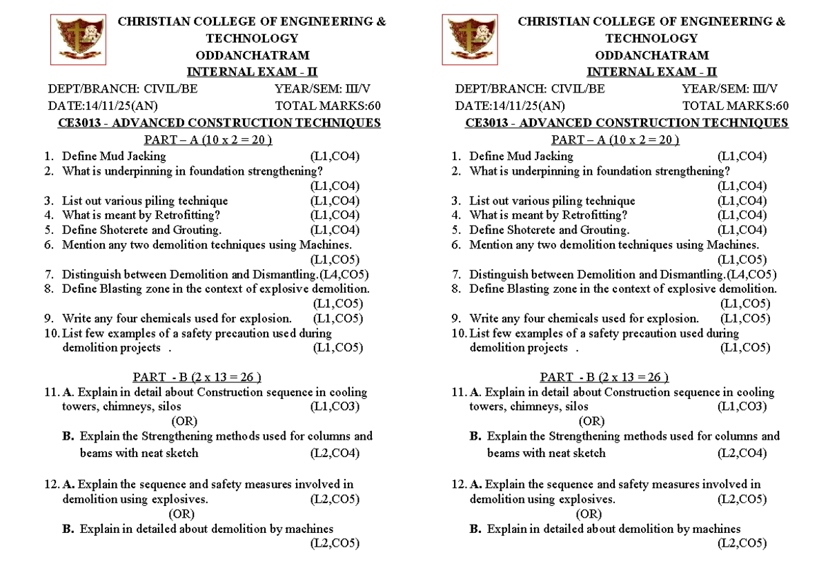 CE3013 Internal Exam II: Advanced Construction Techniques - Studocu
