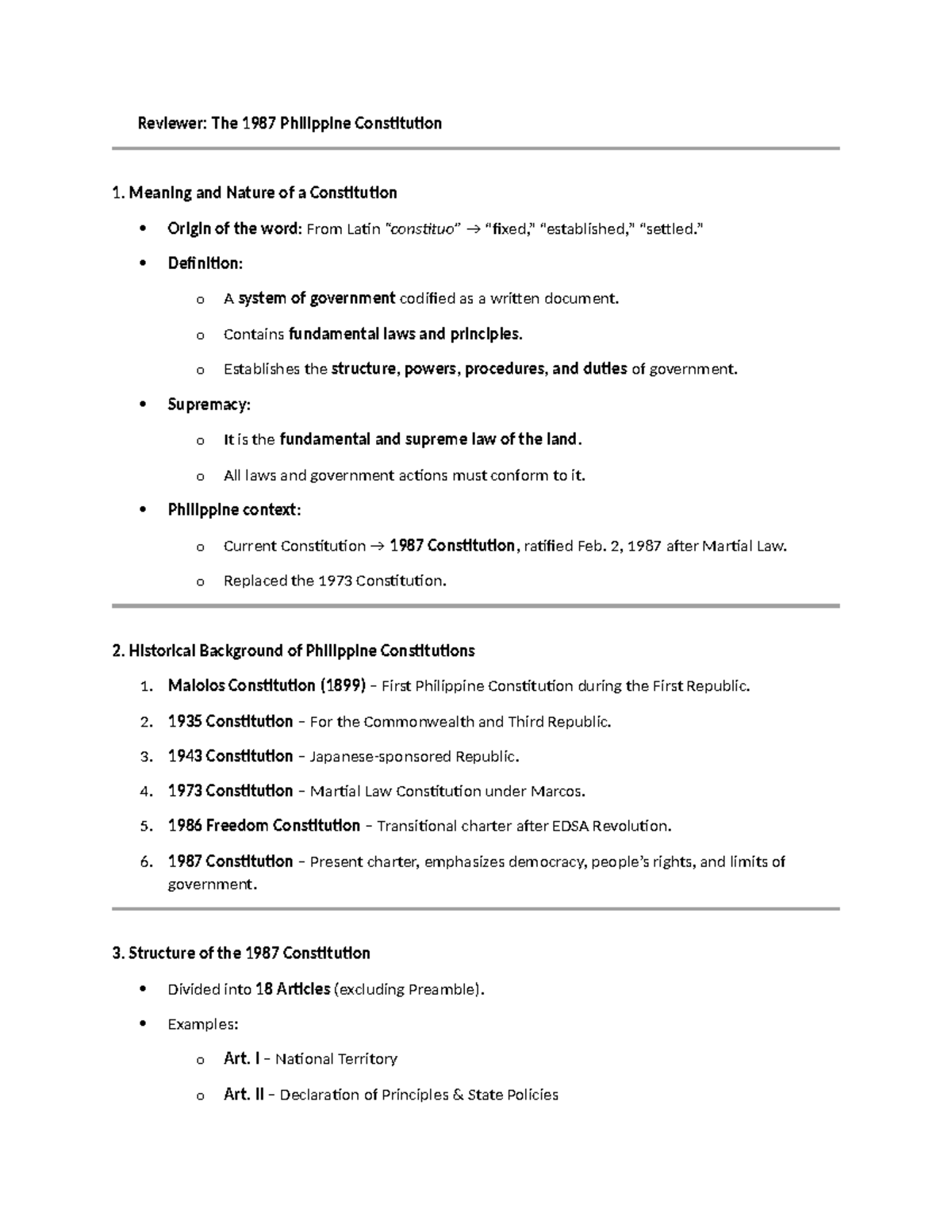 Reviewer: The 1987 Philippine Constitution - Key Concepts and Rights ...