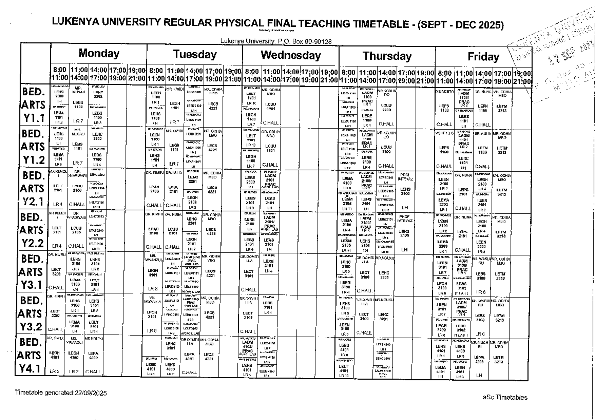 LUKENYA UNIVERSITY REGULAR PHYSICAL FINAL TIMETABLE - SEPT 2025 - Studocu