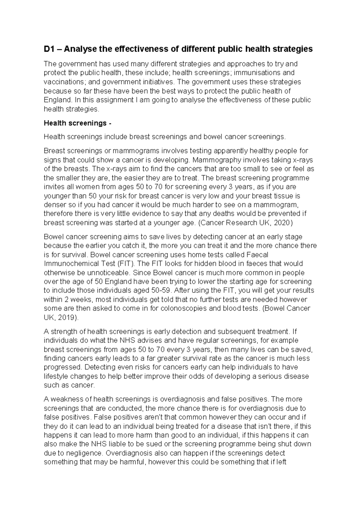 D1 - Analysis of Public Health Strategies in Health & Social Care - Studocu