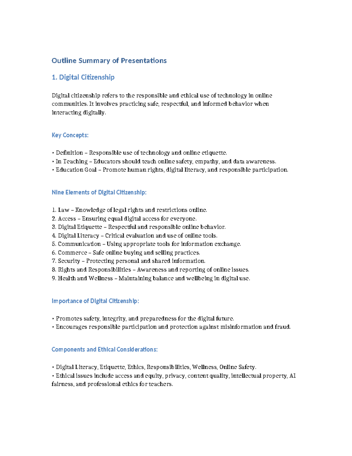 Updated Outline Summary of Presentations on Digital Citizenship ...