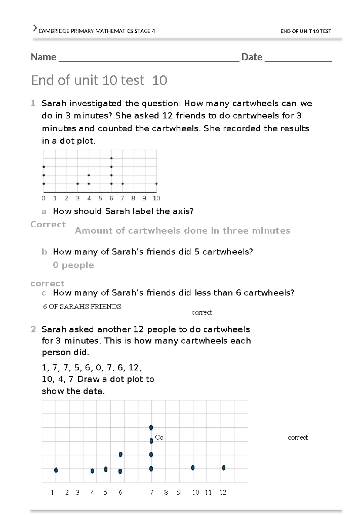 CAMBRIDGE PRIMARY MATHEMATICS 4 UNIT 10 TEST RESULTS - Studocu