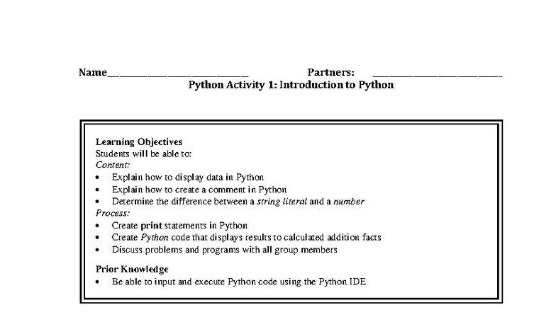 CET1111 Lab 1: Intro to Python - Learning Objectives & Activities - Studocu