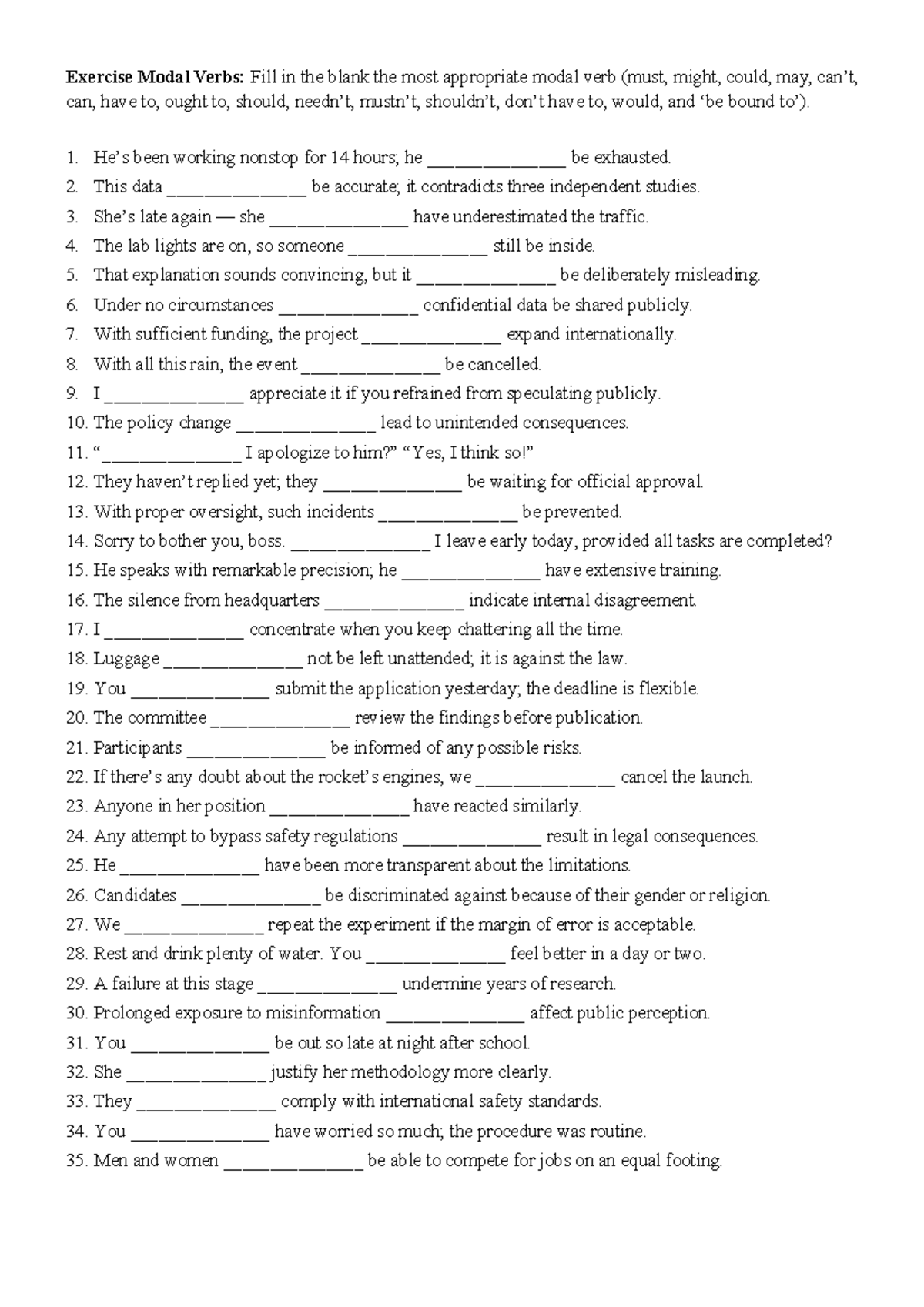 Exercise Modal Verbs: Fill in the Blanks with Appropriate Modals - Studocu