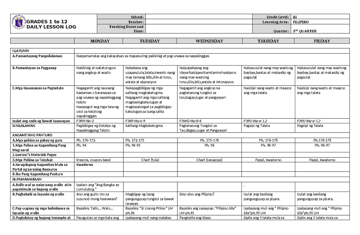 Daily Lesson Log for Grades 1-12: Filipino 3rd Quarter (IM-4) - Studocu