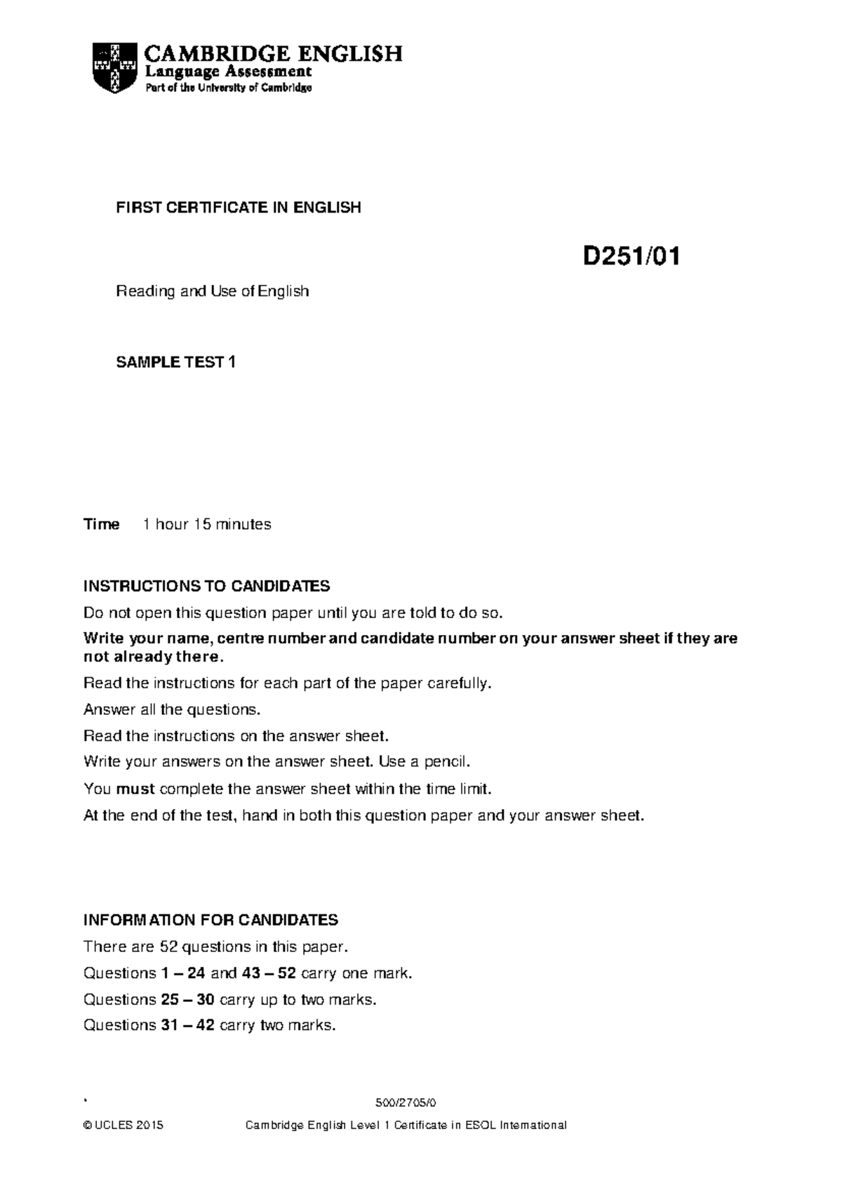 FCE Reading and Use of English Sample Test 1 - Time 1h 15m - Studocu