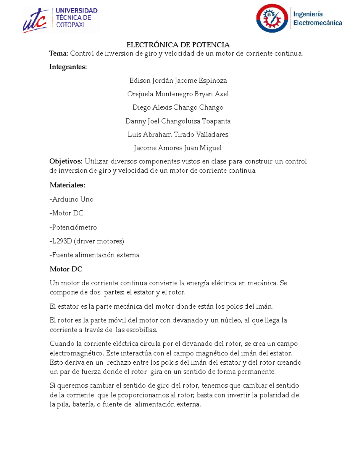 Control de Velocidad y Dirección de Motor DC - Electrónica de Potencia ...