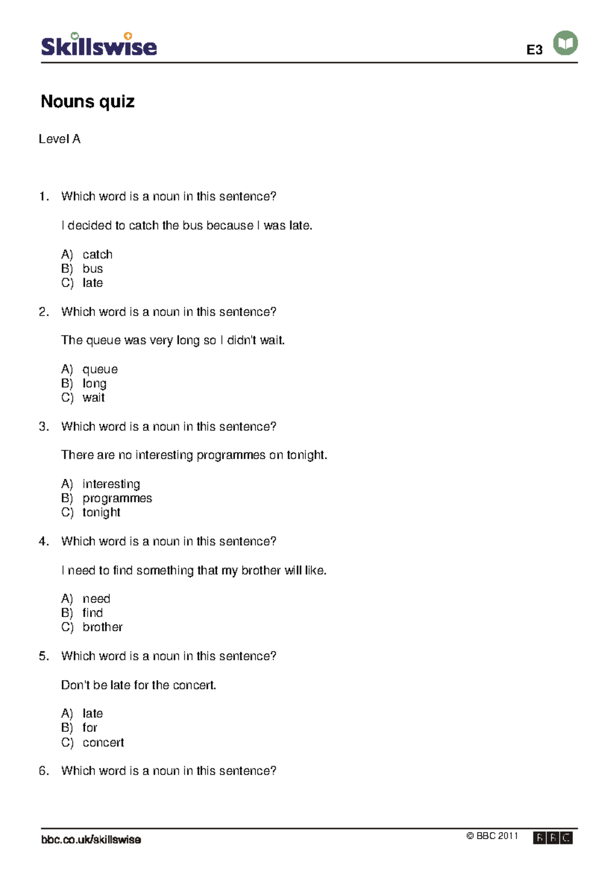 NOUN (Quiz) - Nouns Identification Level A & C - Studocu