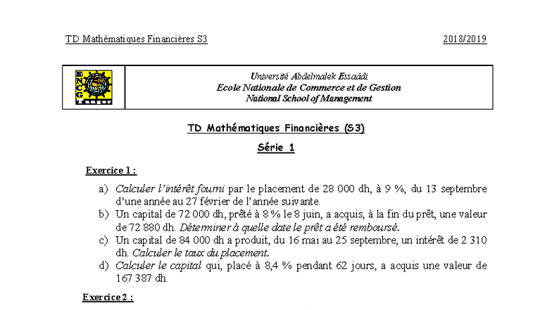 TD Mathématiques Financières S3 - Exercices et Solutions Complet - Studocu