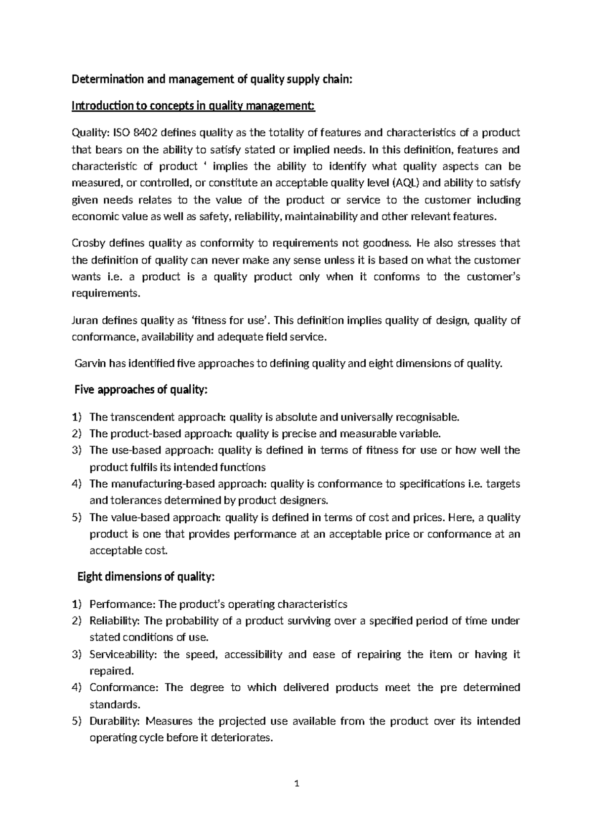 Quality Management Class Notes - Topic 5: Key Concepts and Approaches ...