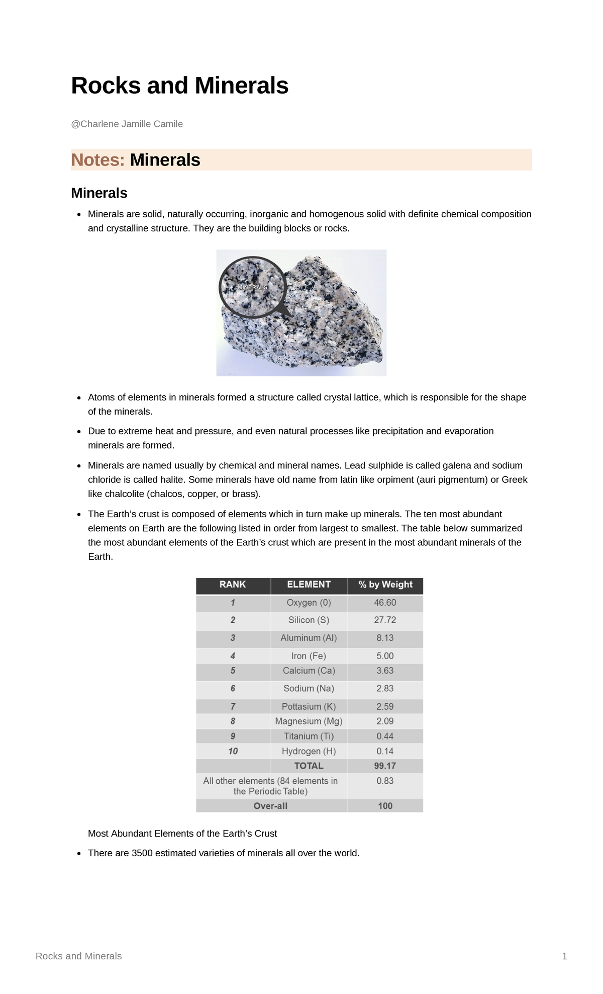Rocks and Minerals - Rocks and Minerals Notes: Minerals Minerals ...