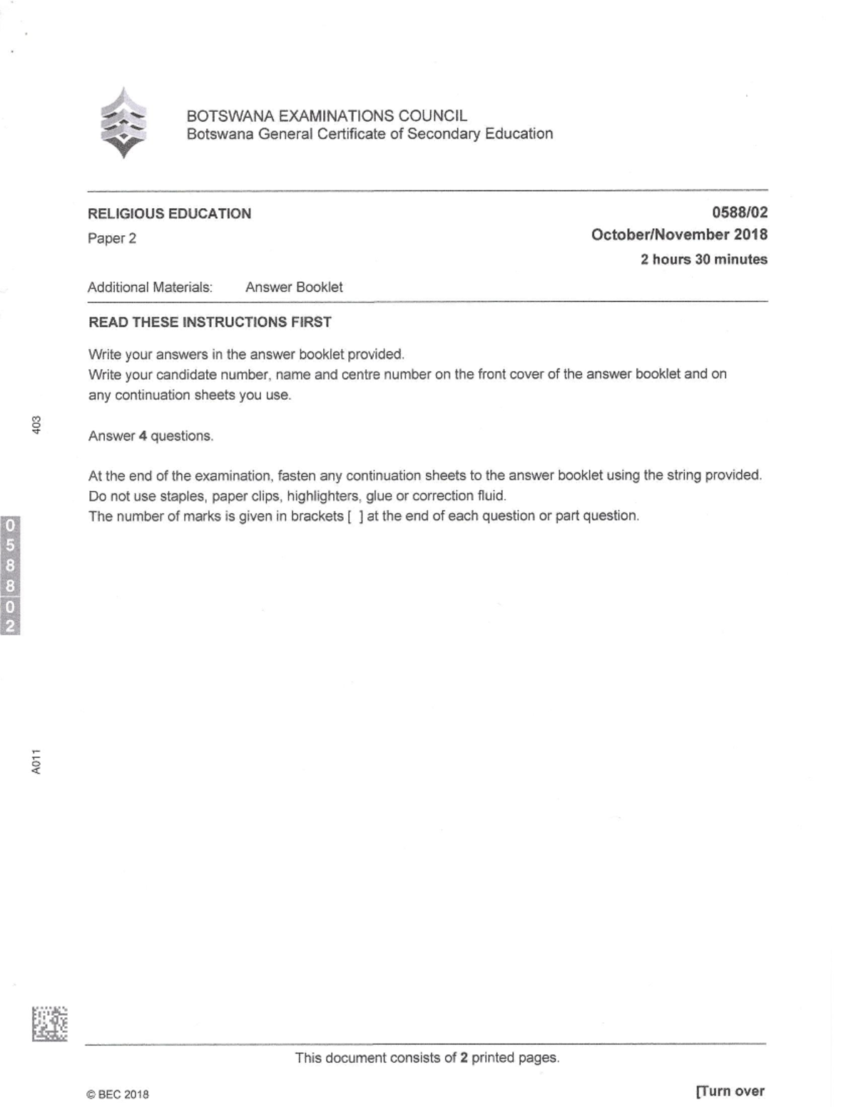 BGCSE RE Paper 2 Exam 2018 - Botswana Examinations Council - Studocu