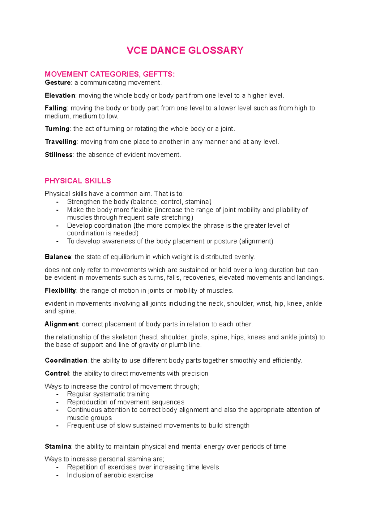 Exam revision dance study - VCE DANCE GLOSSARY MOVEMENT CATEGORIES ...