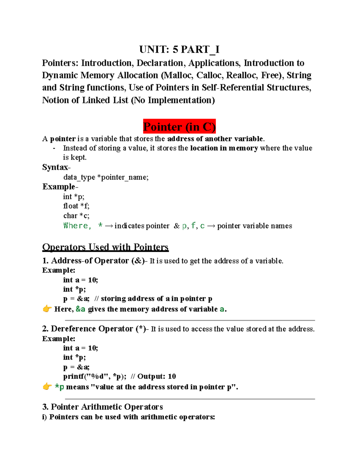 UNIT 5 PART I - Pointers, Dynamic Memory Allocation & Linked Lists ...