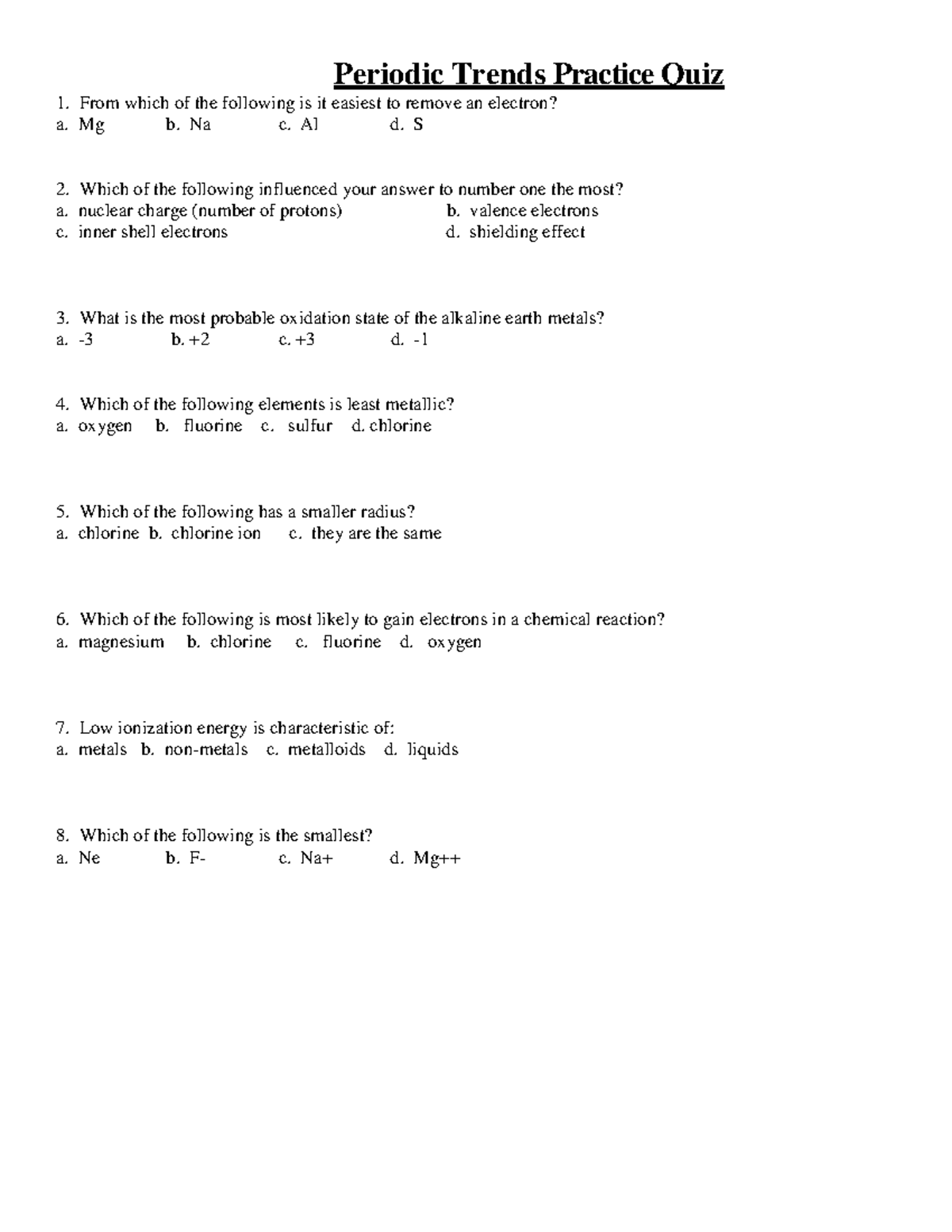 Periodic Trends Practice Quiz 1: Key Concepts and Questions - Studocu