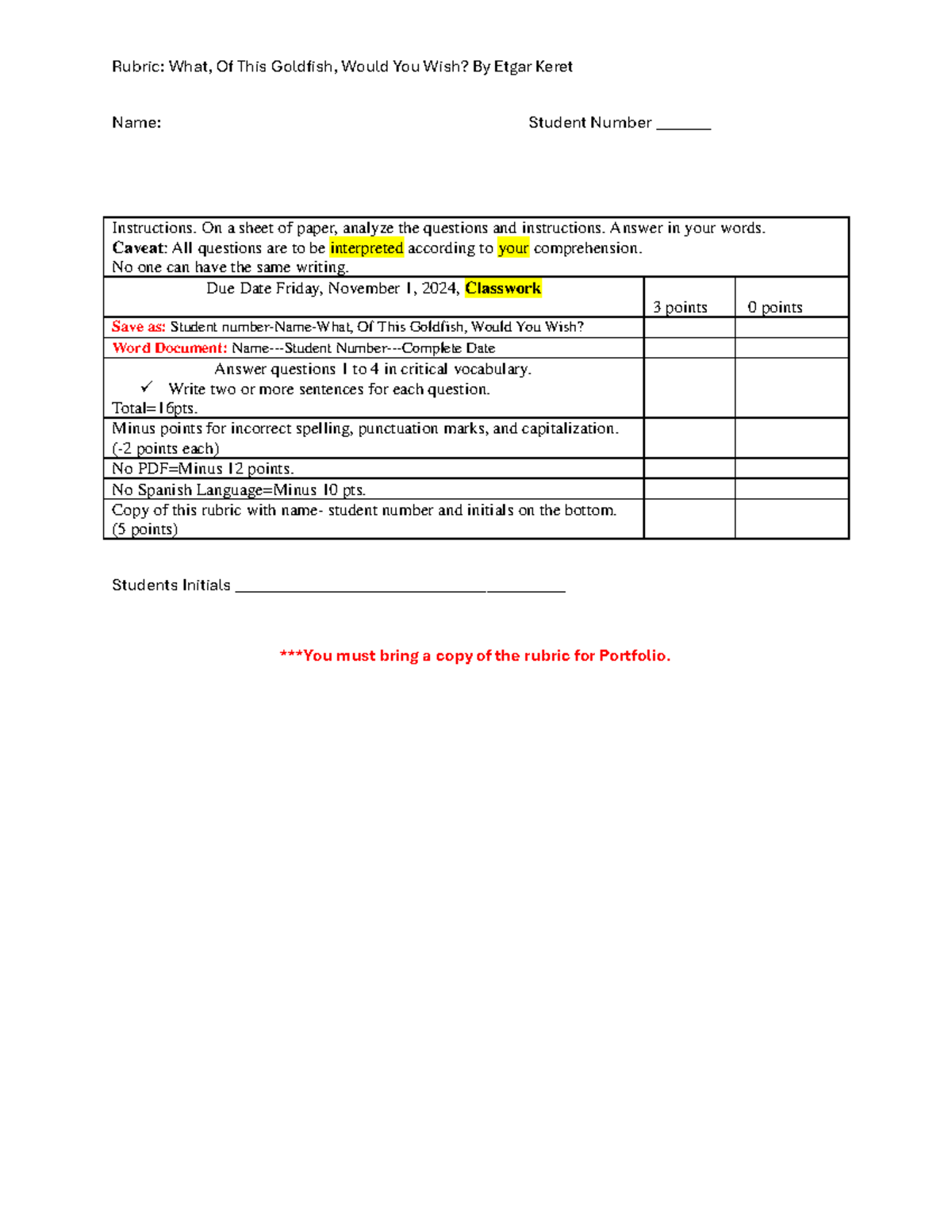 Rubric Analysis for "What, Of This Goldfish, Would You Wish?" (3PTS ...