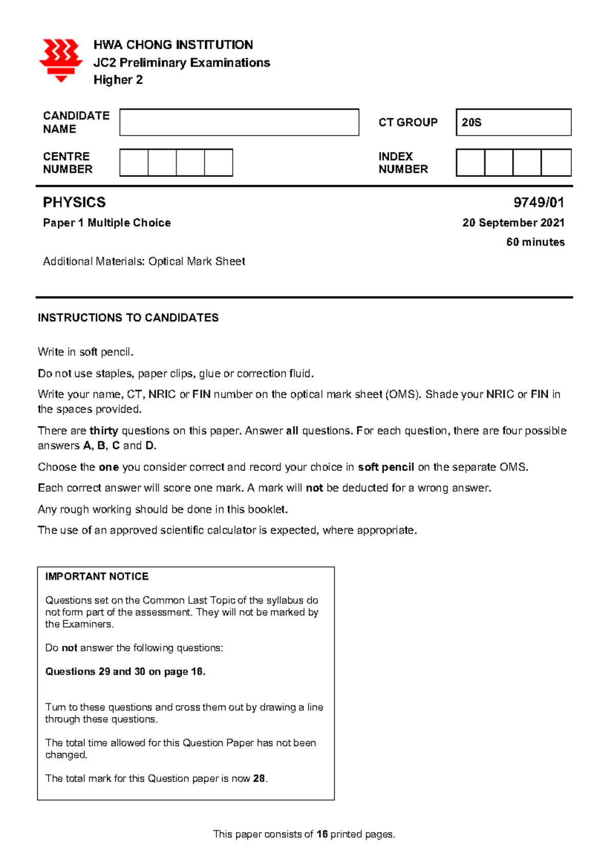2021 H2 Physics Prelim P1 - This paper consists of 16 printed pages ...
