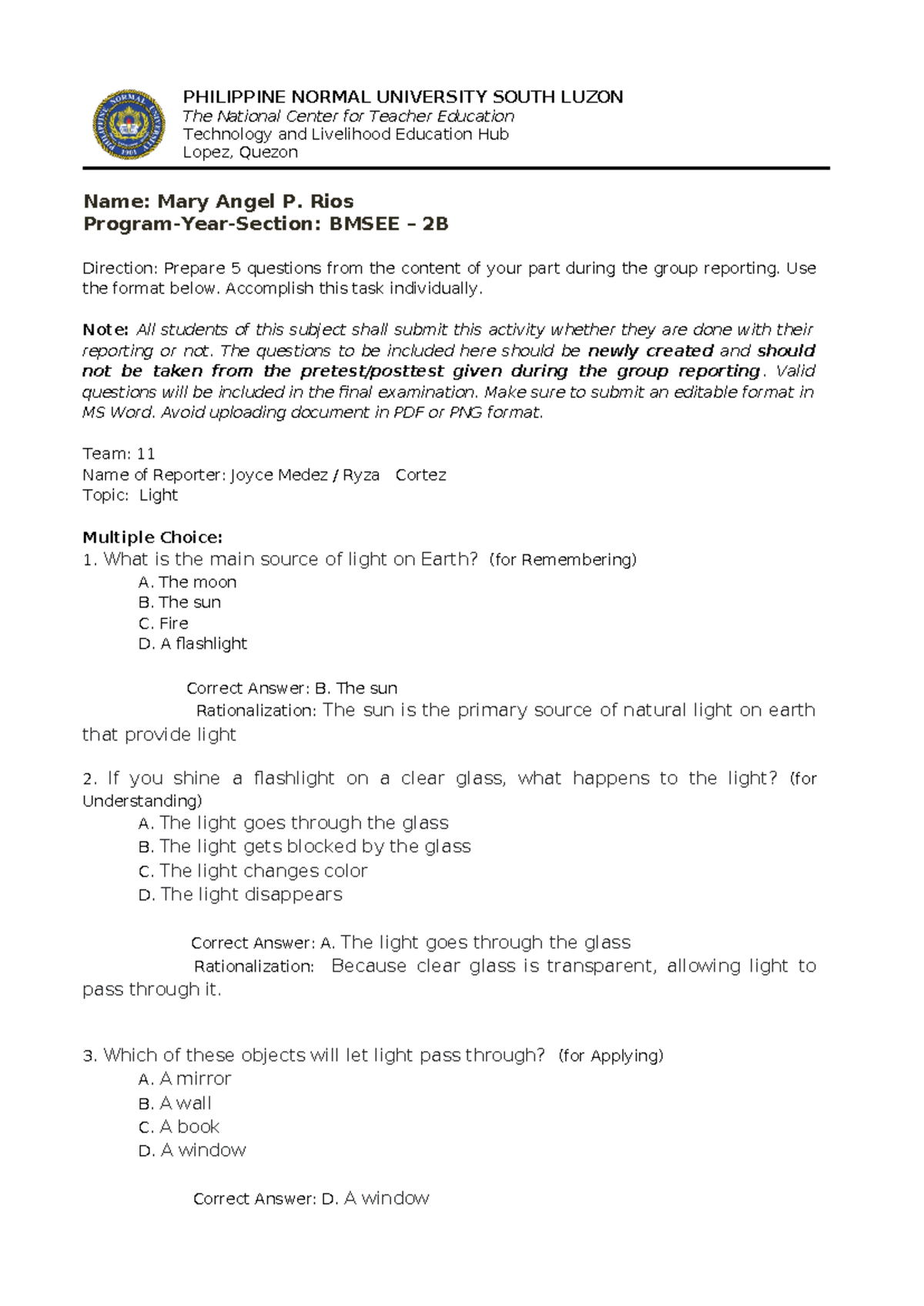 IS 1- Assessment TOOL - integrated science - PHILIPPINE NORMAL ...