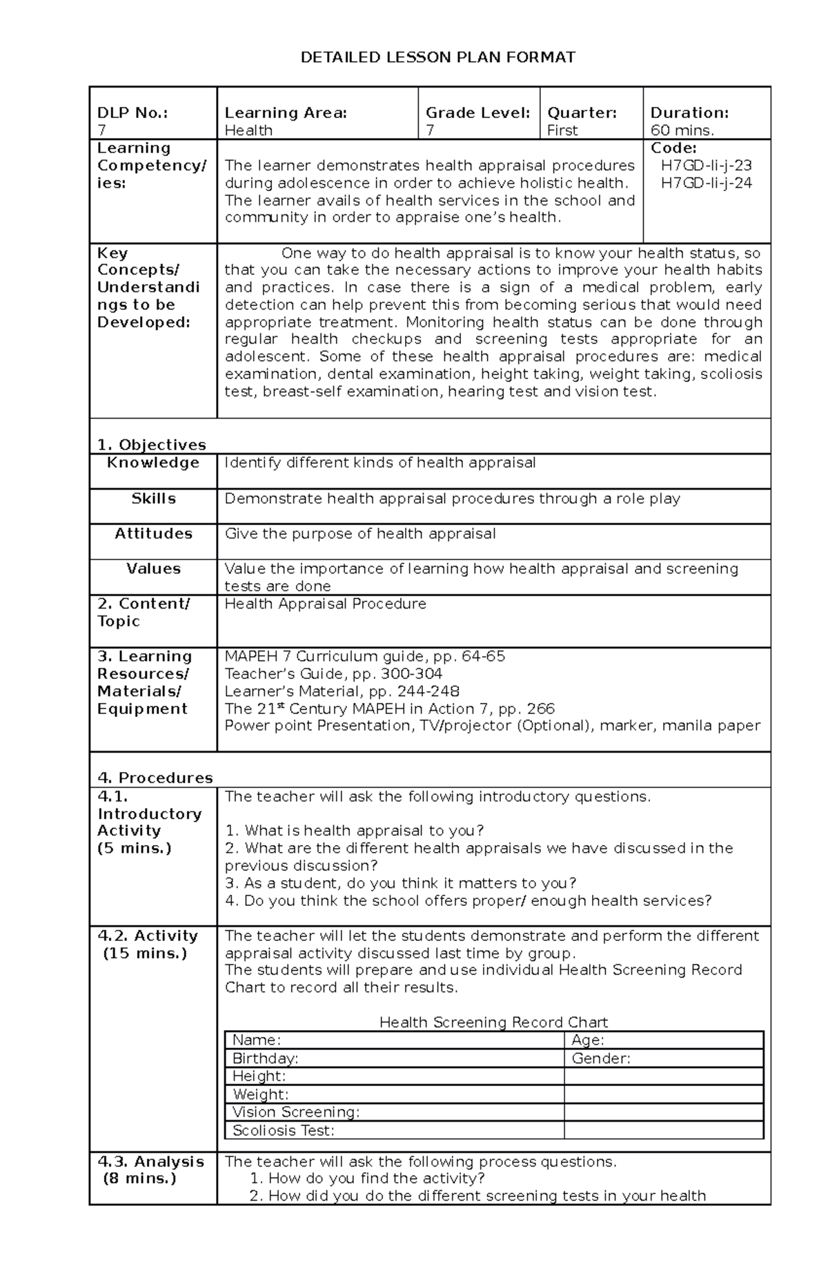 DLP MAPEH 7: Health Appraisal Procedures Detailed Lesson Plan - Studocu