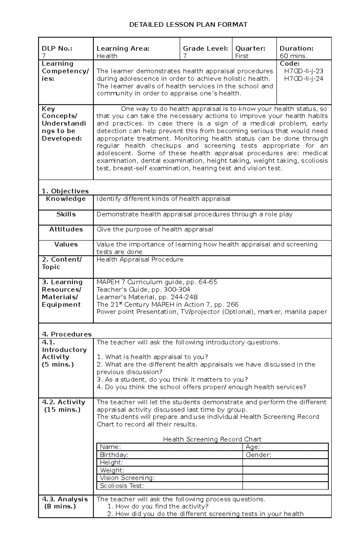 27 health dlp - DLP MAPEH 7 - DETAILED LESSON PLAN FORMAT DLP No.: 4 ...