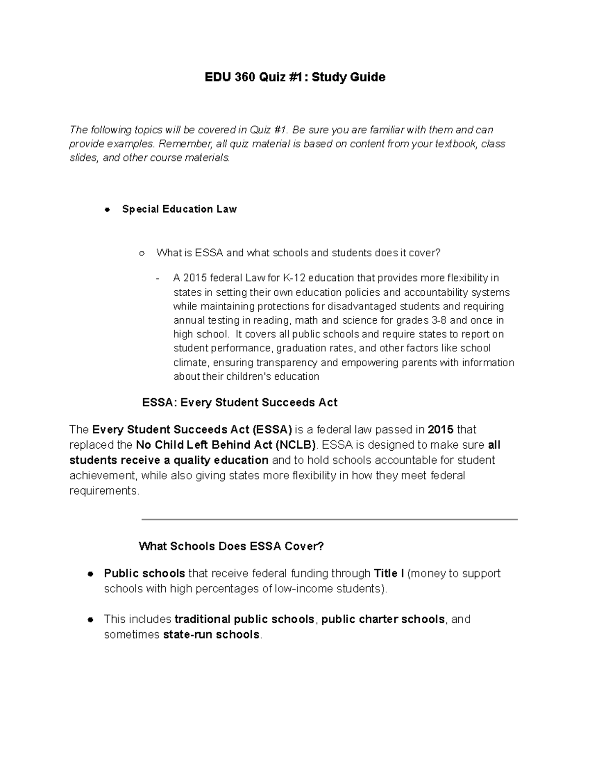 EDU 360 Quiz Study Guide: Special Education Laws & Co-Teaching Models ...