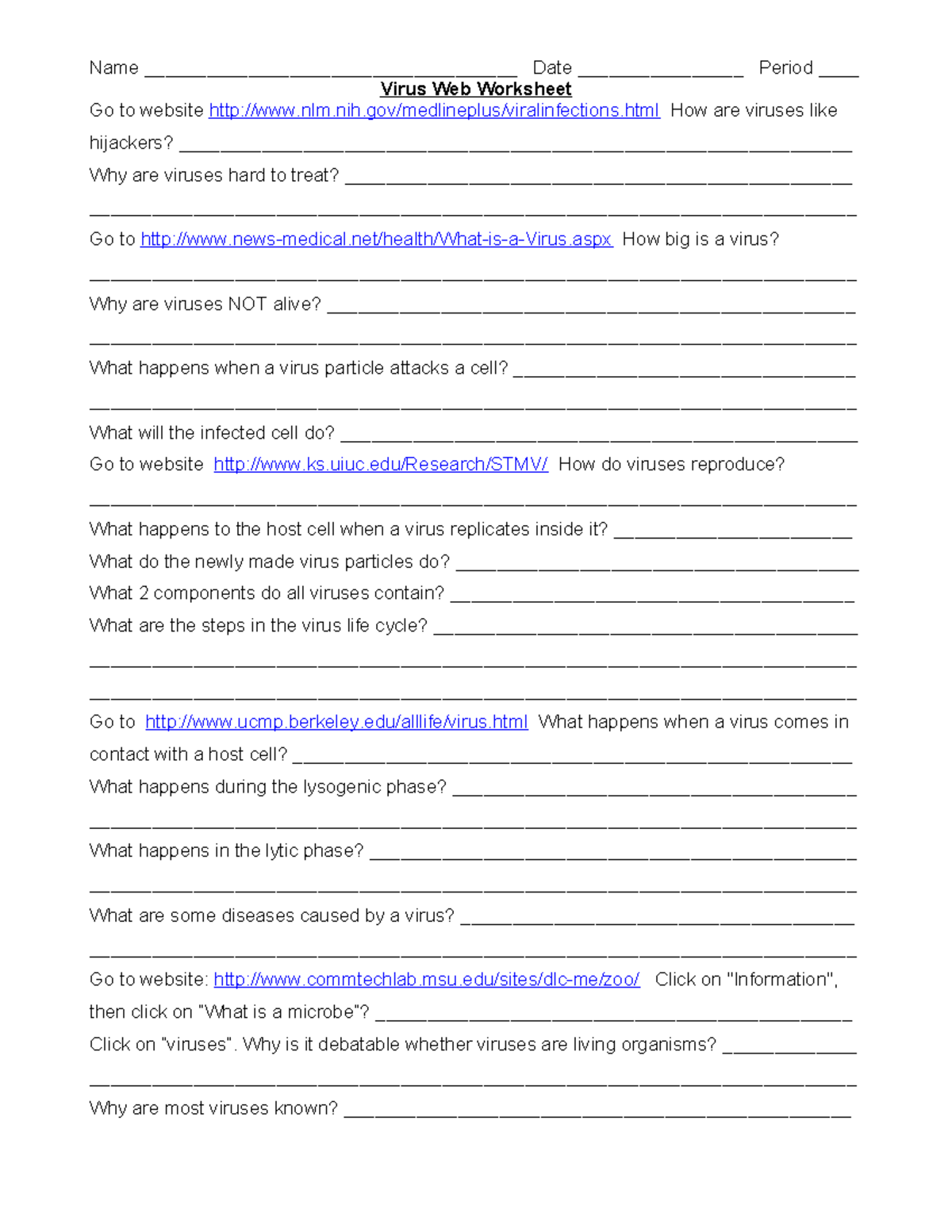 Virus Web Worksheet: Understanding Viral Infections and Life Cycles ...