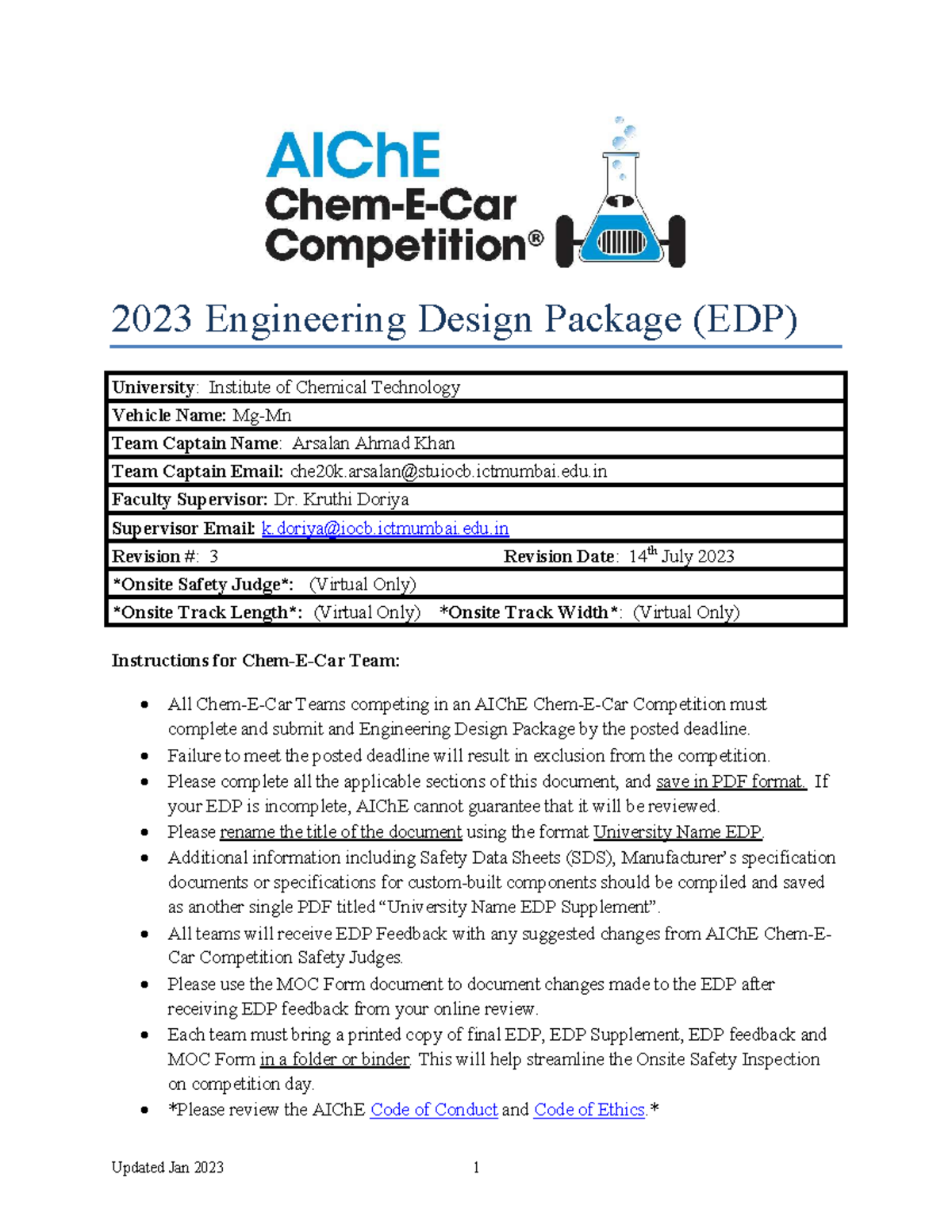 ICT-IOCB Engineering Design Package (EDP) for AIChE Competition 2023 ...