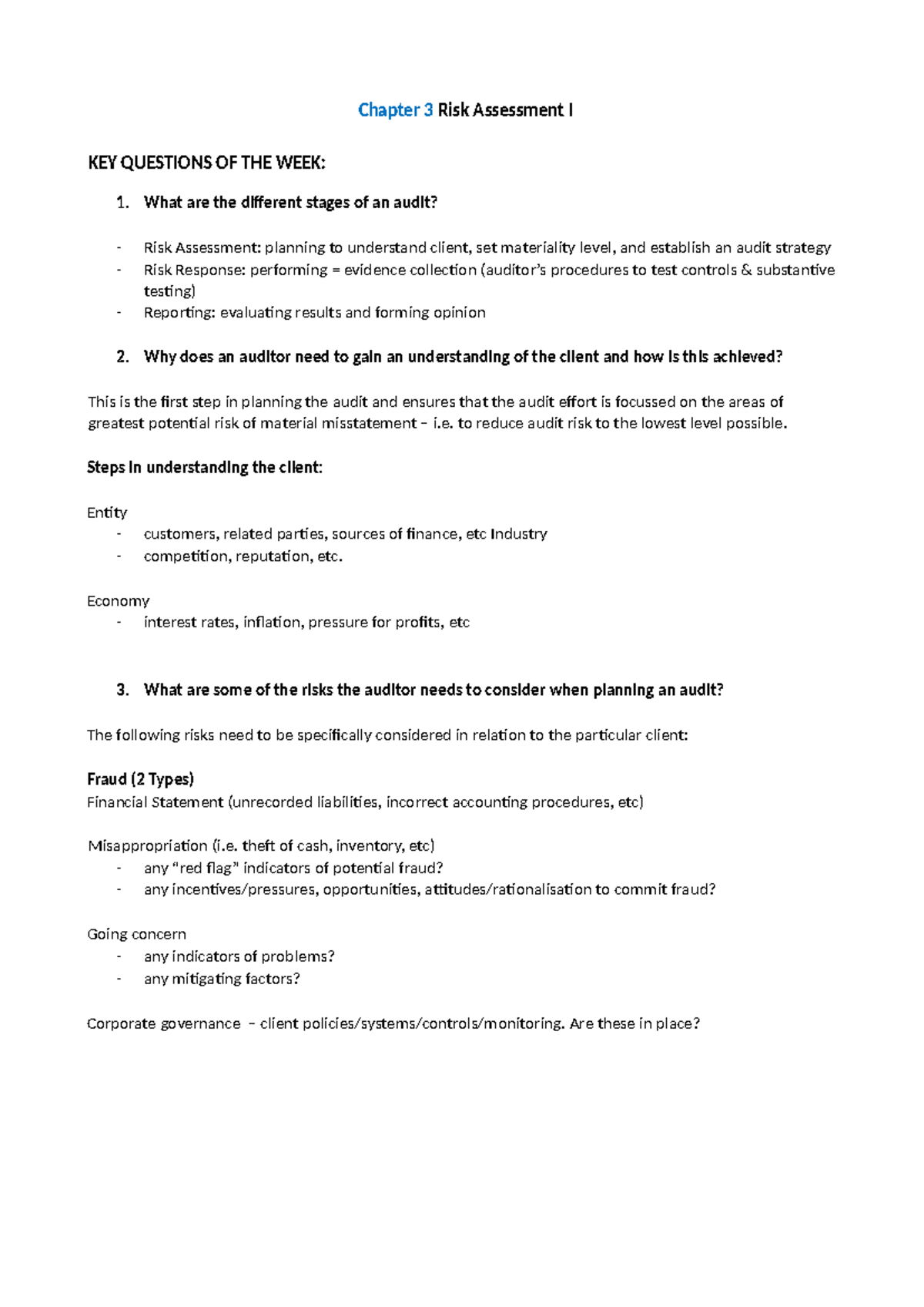 Chapter 3 Risk Assessment I: Key Questions for Auditors - Studocu