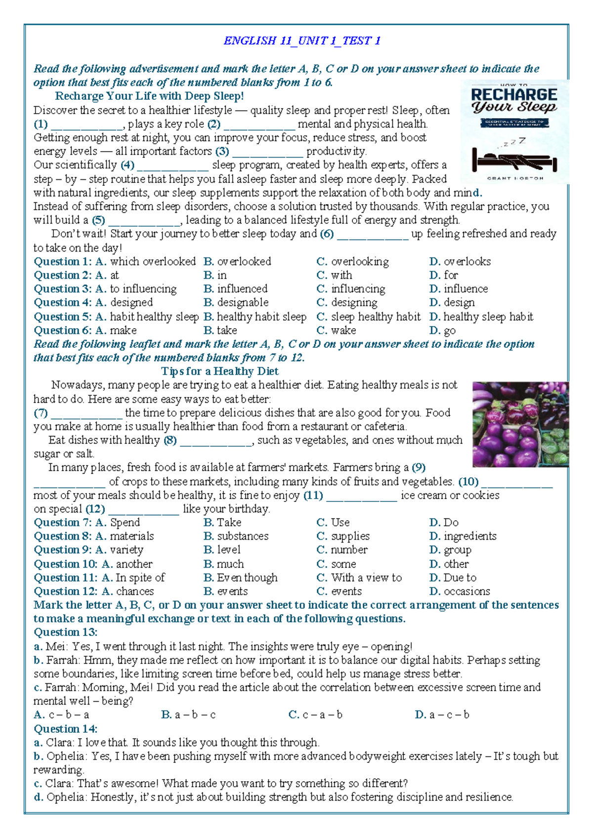 ENGLISH 11_UNIT 1_TEST 01 A Long and Healthy Life - Studocu