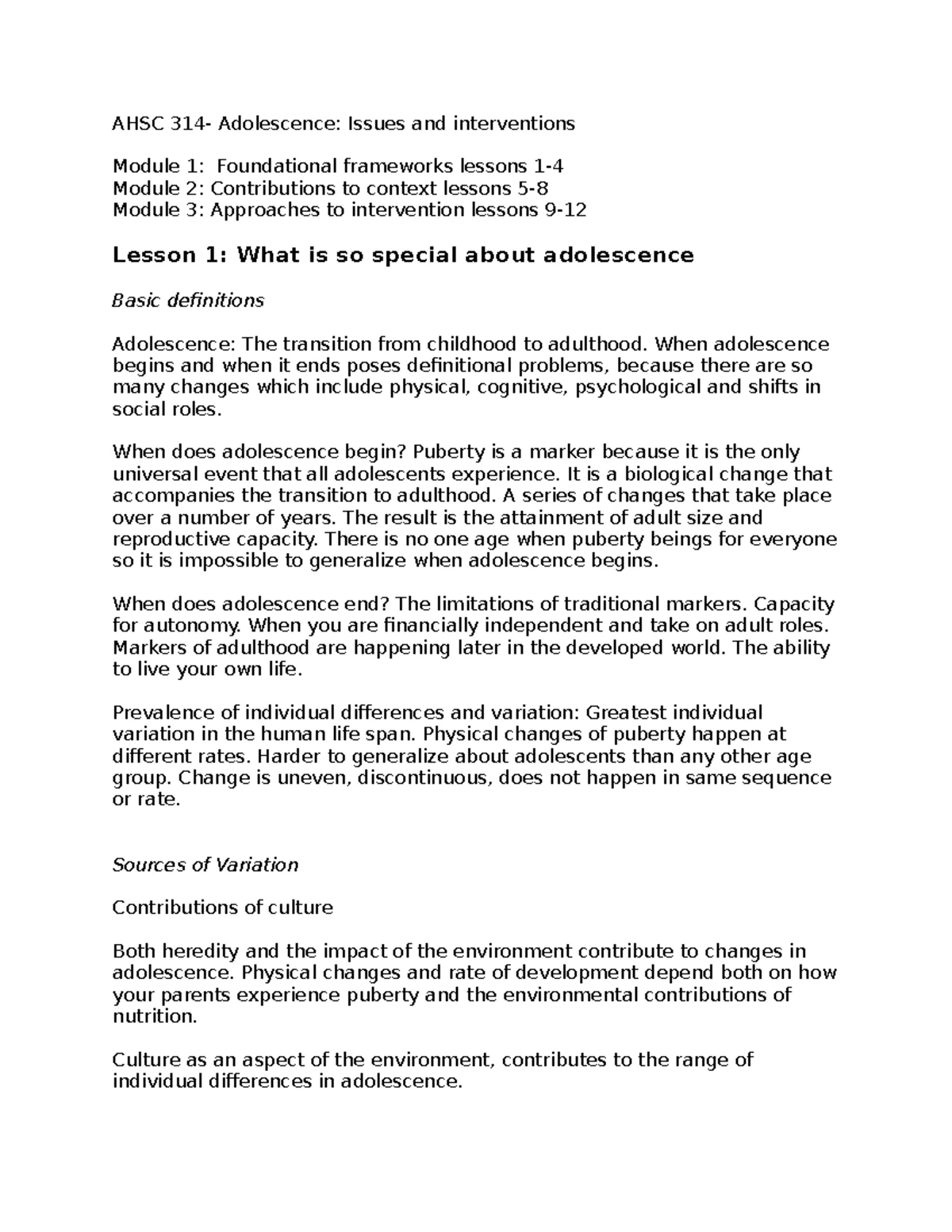 AHSC 314 - Quiz 1: Understanding Adolescence and Its Changes - Studocu
