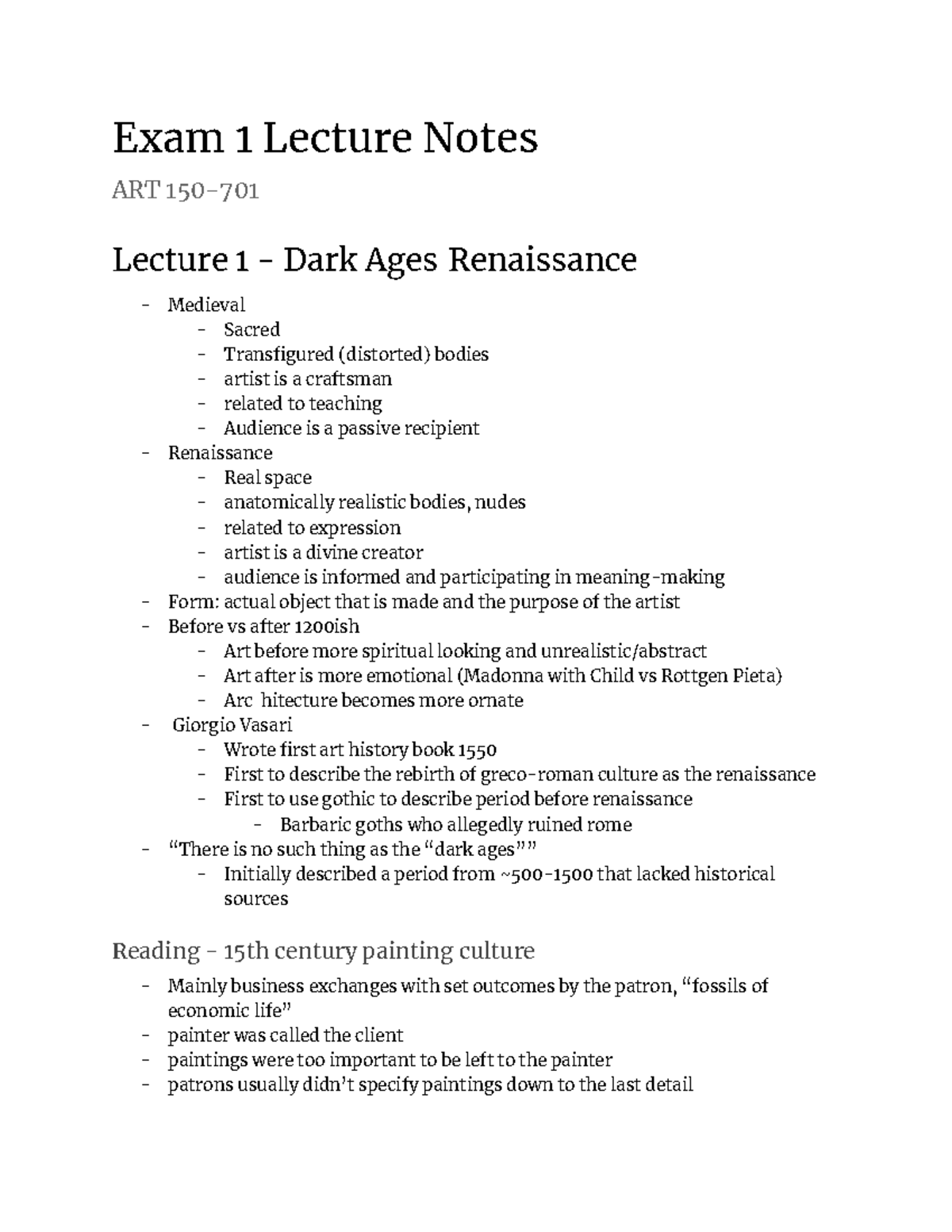 Exam 1 Lecture Notes - ART 150: Dark Ages to Renaissance Insights - Studocu