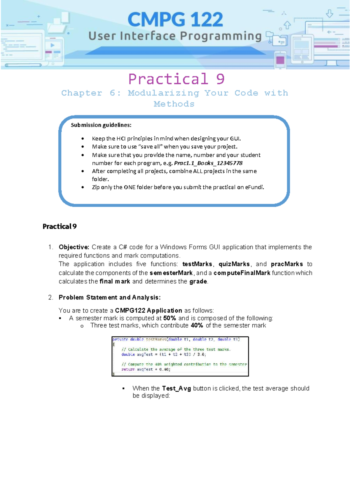 CMPG122 Practical 9: Modularizing Code with Methods Guidelines - Studocu