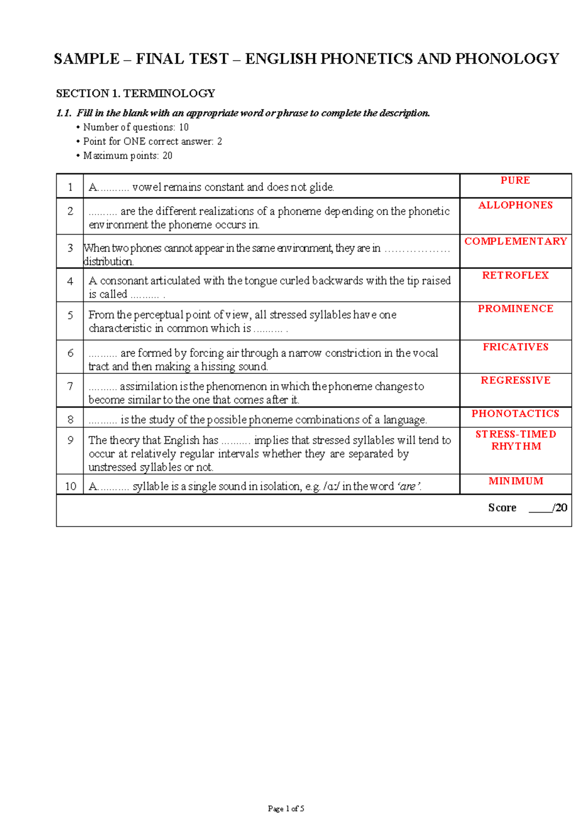 Final Exam ENGLISH PHONETICS & PHONOLOGY (SAMPLE TEST) - Studocu