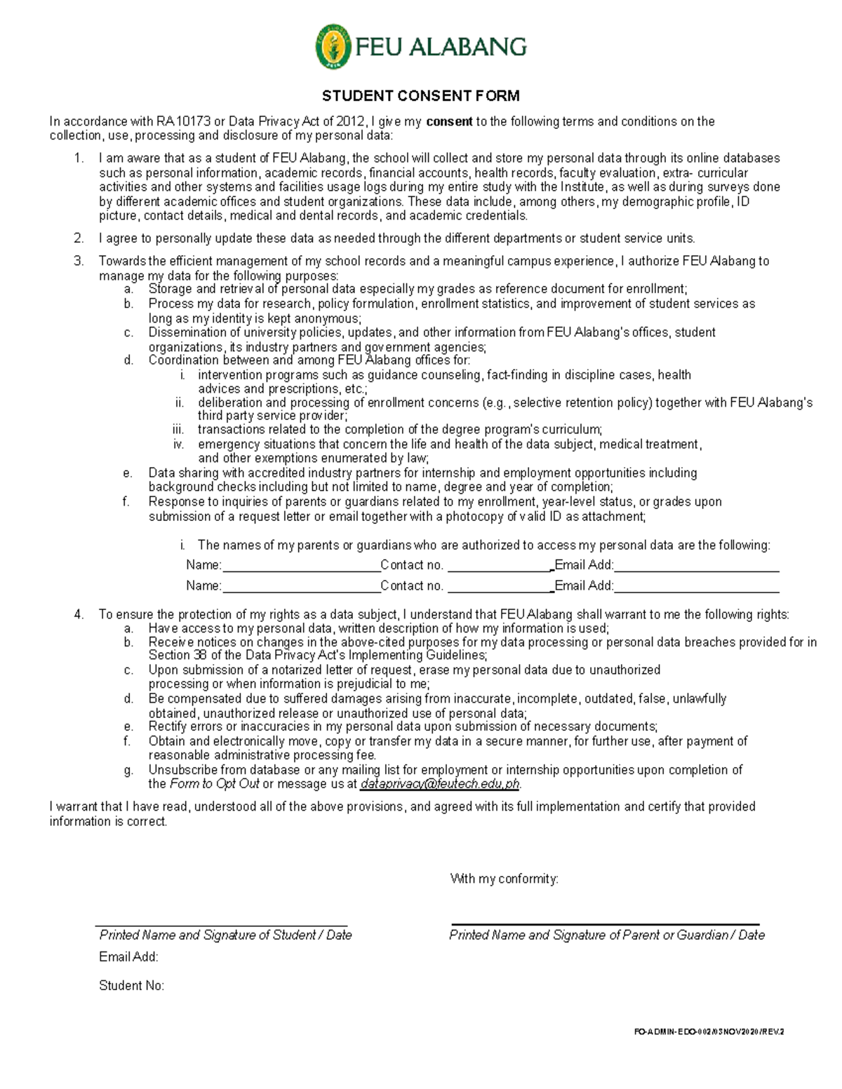 FEU Alabang Student Consent Form for Data Privacy Compliance - Studocu