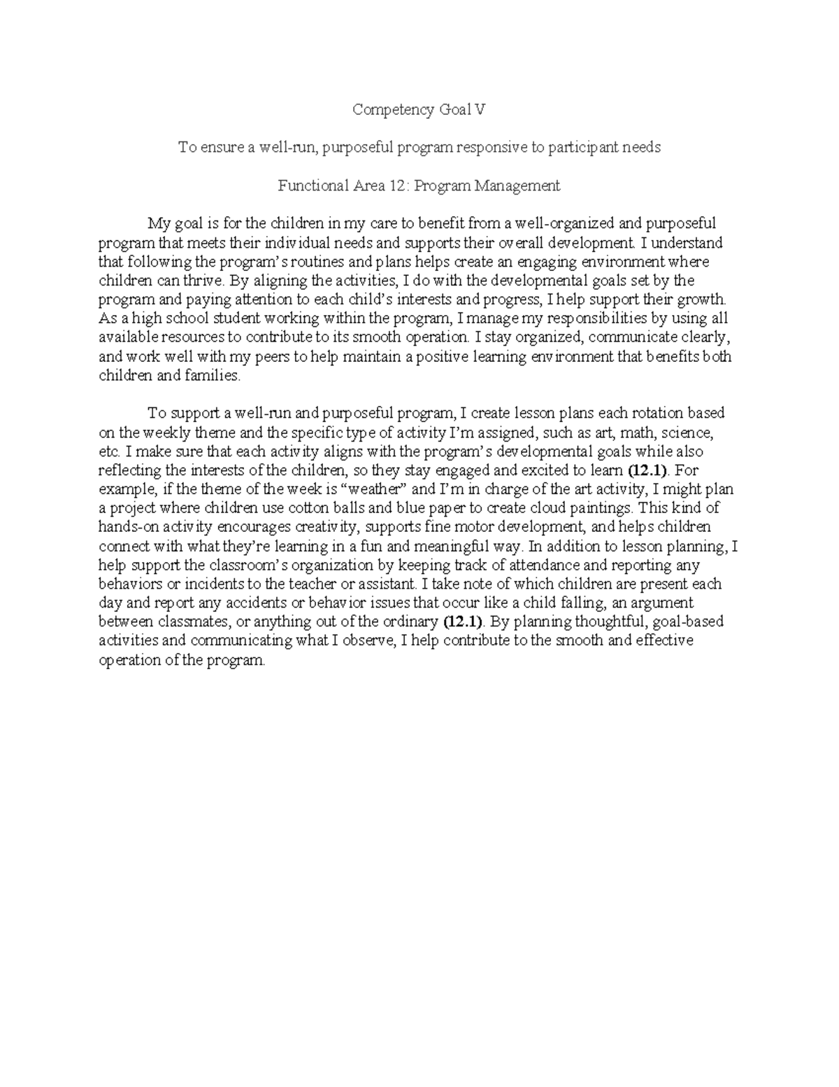 Competency Essay Goal V: Purposeful Program Management (Functional Area ...