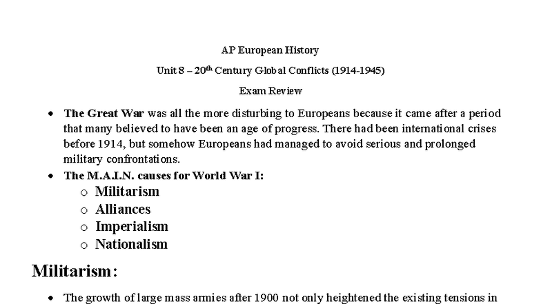 AP Euro History Unit 8: 20th Century Global Conflicts Exam Review - Studocu