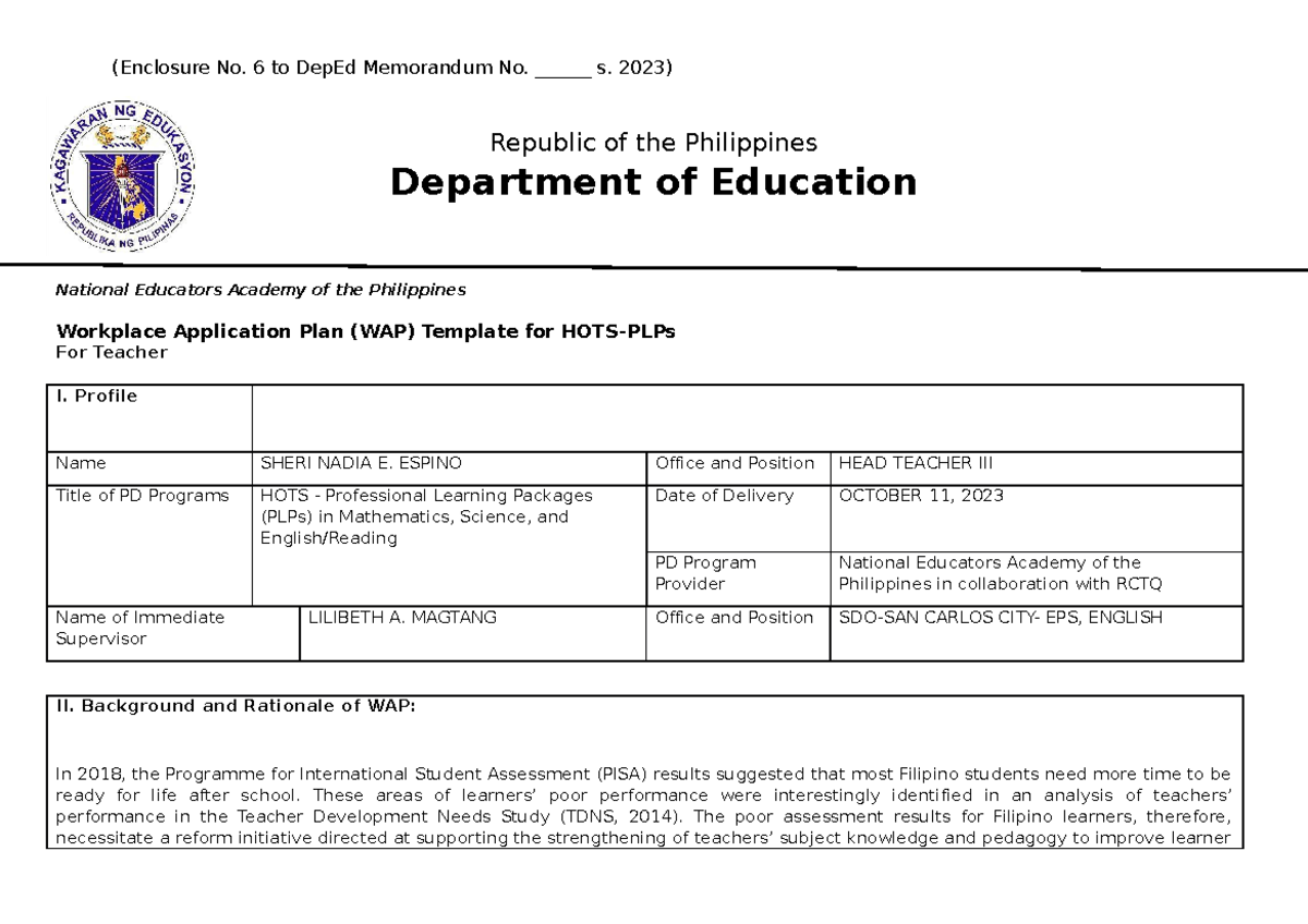HOTS-PLPs Workplace Application Plan Template for Teachers S5 - Studocu