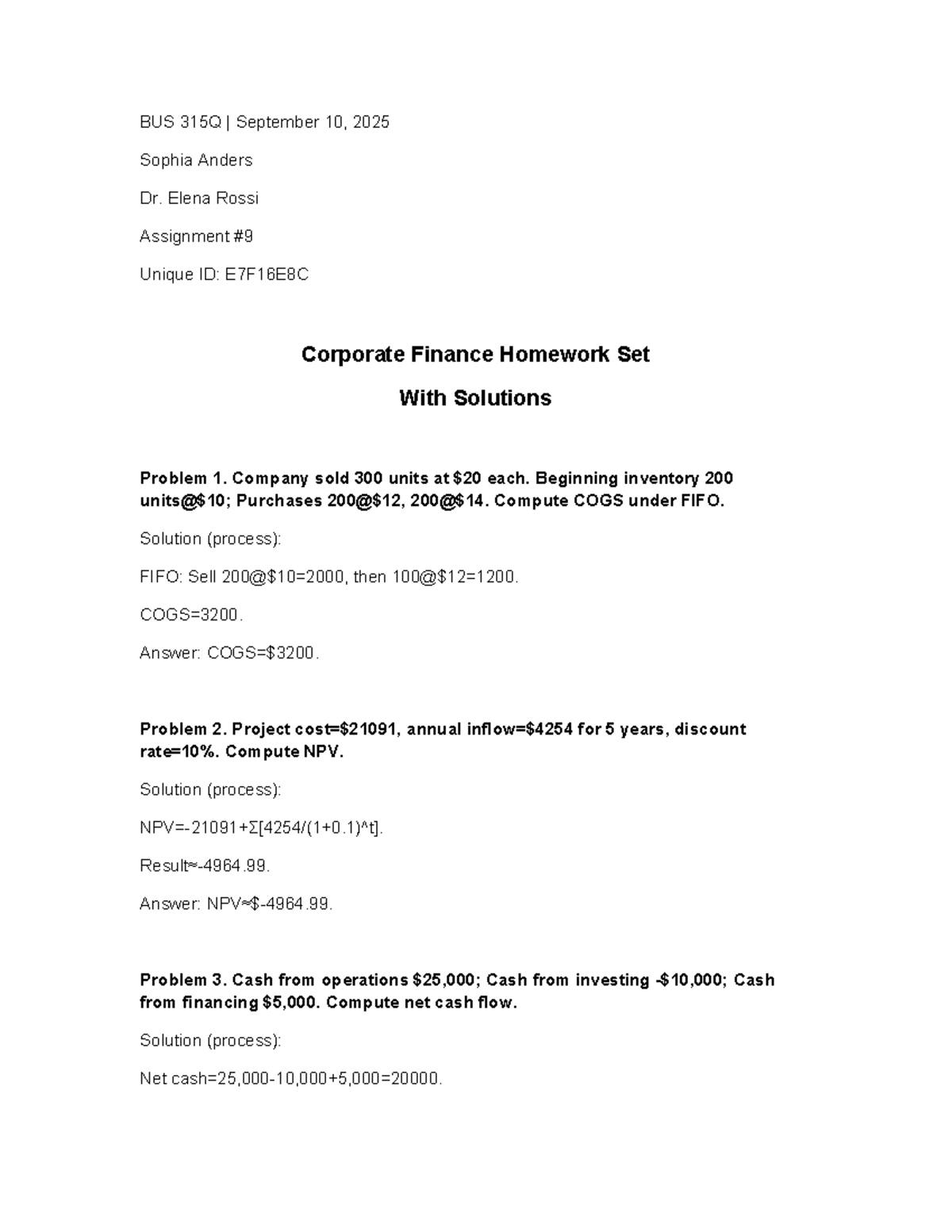 BUS 315Q Corporate Finance Homework Set with Solutions Fall 2025 - Studocu