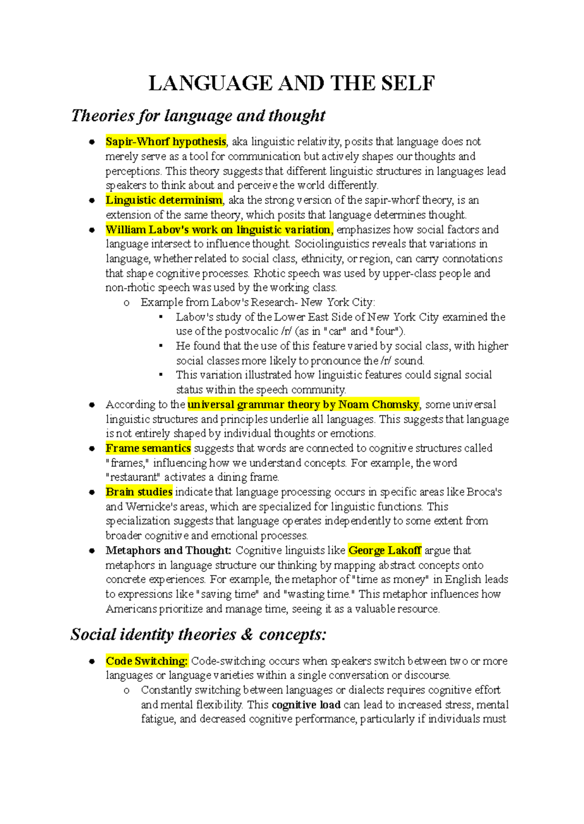 Lang & self notes - LANGUAGE AND THE SELF Theories for language and ...