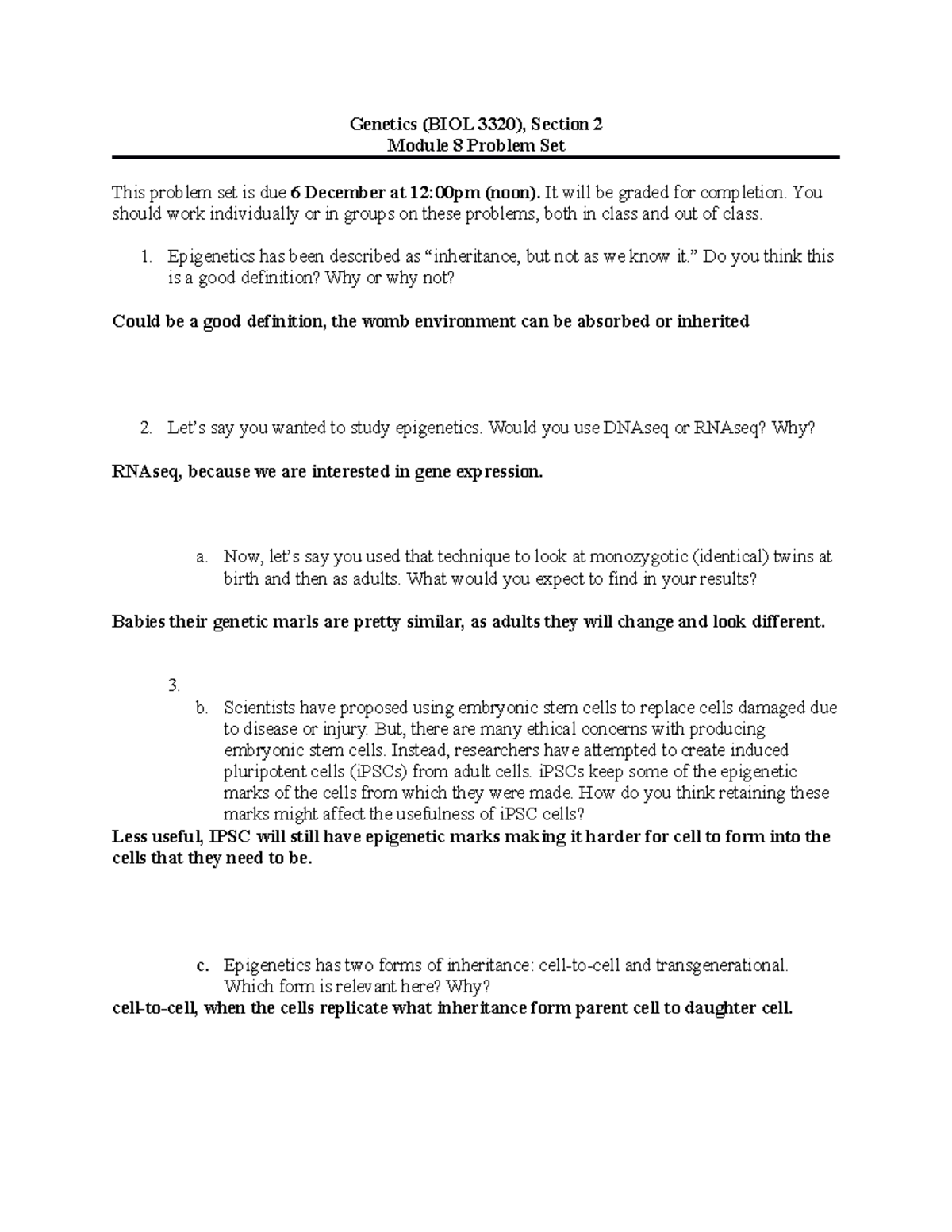 BIOL 3320 Module 8 Problem Set - Epigenetics and Gene Expression - Studocu