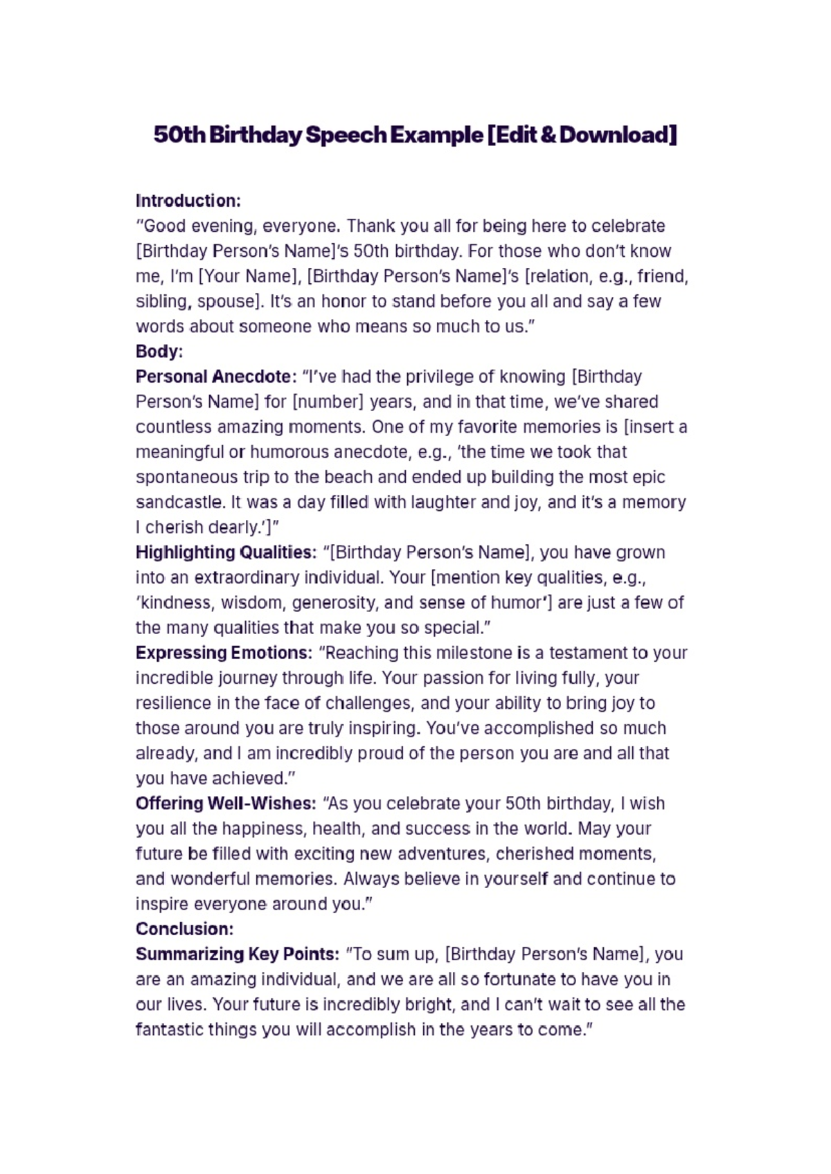 50th Birthday Speech Example: Celebrating a Milestone in Life - Studocu